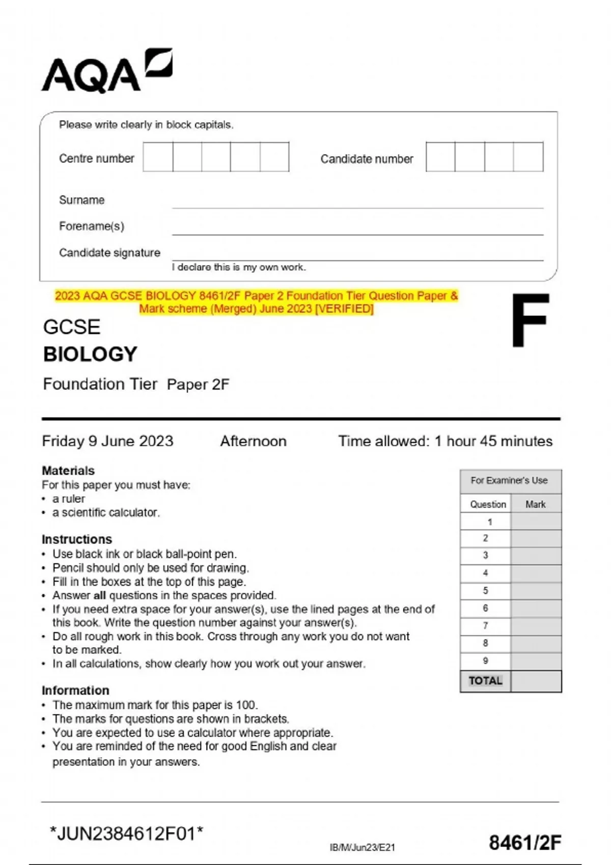 2023 AQA GCSE BIOLOGY 8461/2F Paper 2 Foundation Tier Question Paper ...