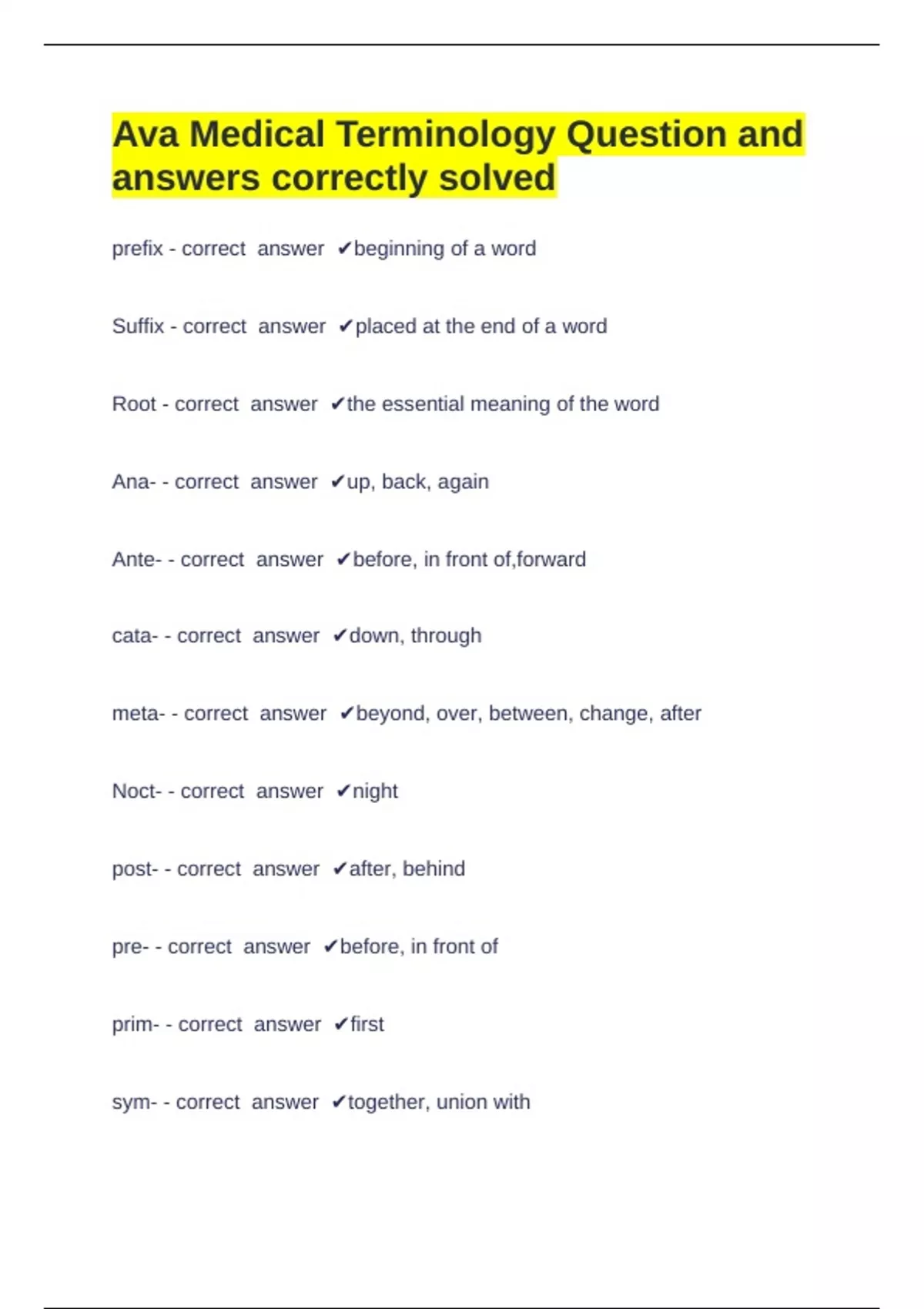 Ava Medical Terminology Question and answers correctly solved - AVA - Stuvia US