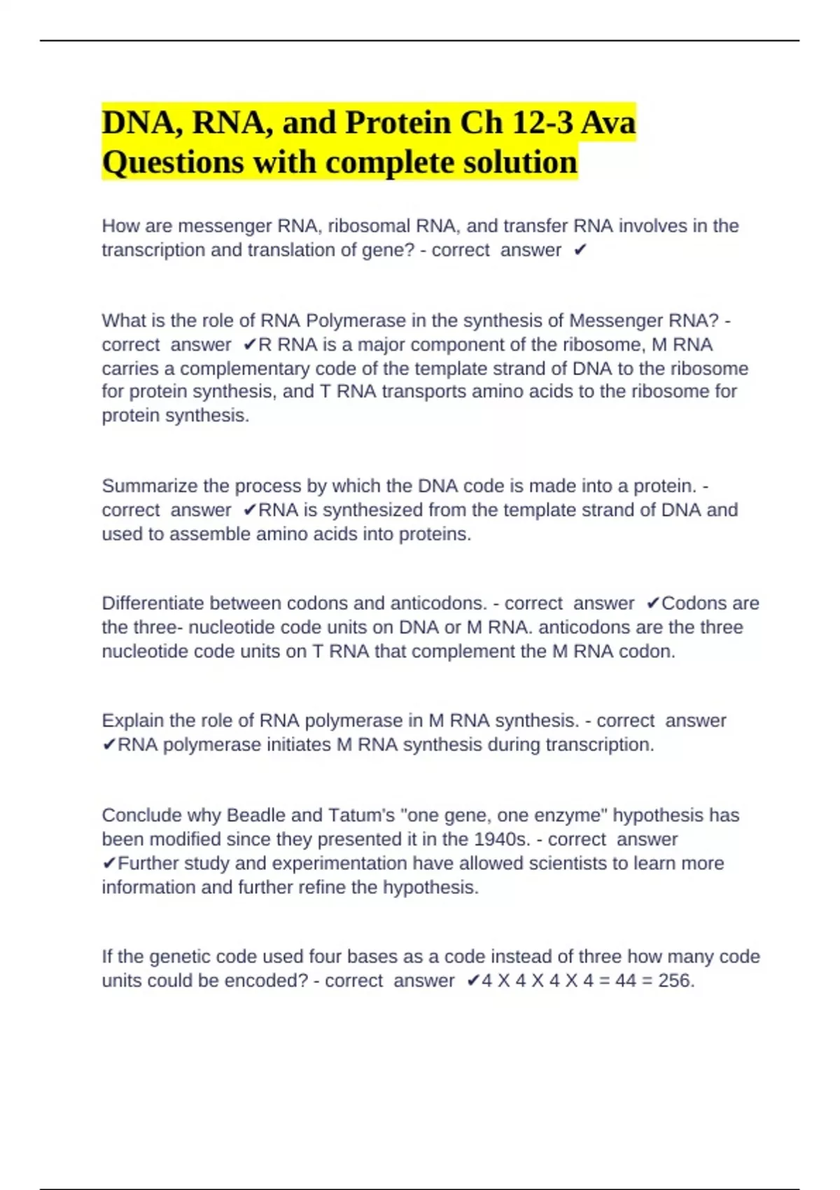 DNA, RNA, and Protein Ch 12-3 Ava Questions with complete solution - AVA - Stuvia UK