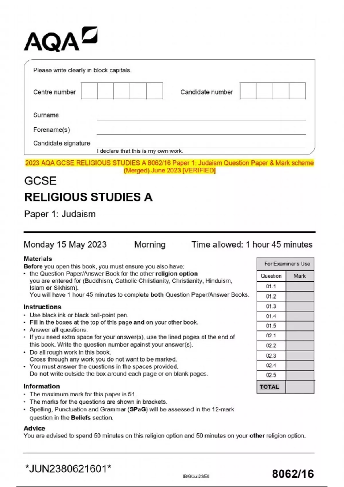 2023 AQA GCSE RELIGIOUS STUDIES A 8062/16 Paper 1: Judaism Question ...