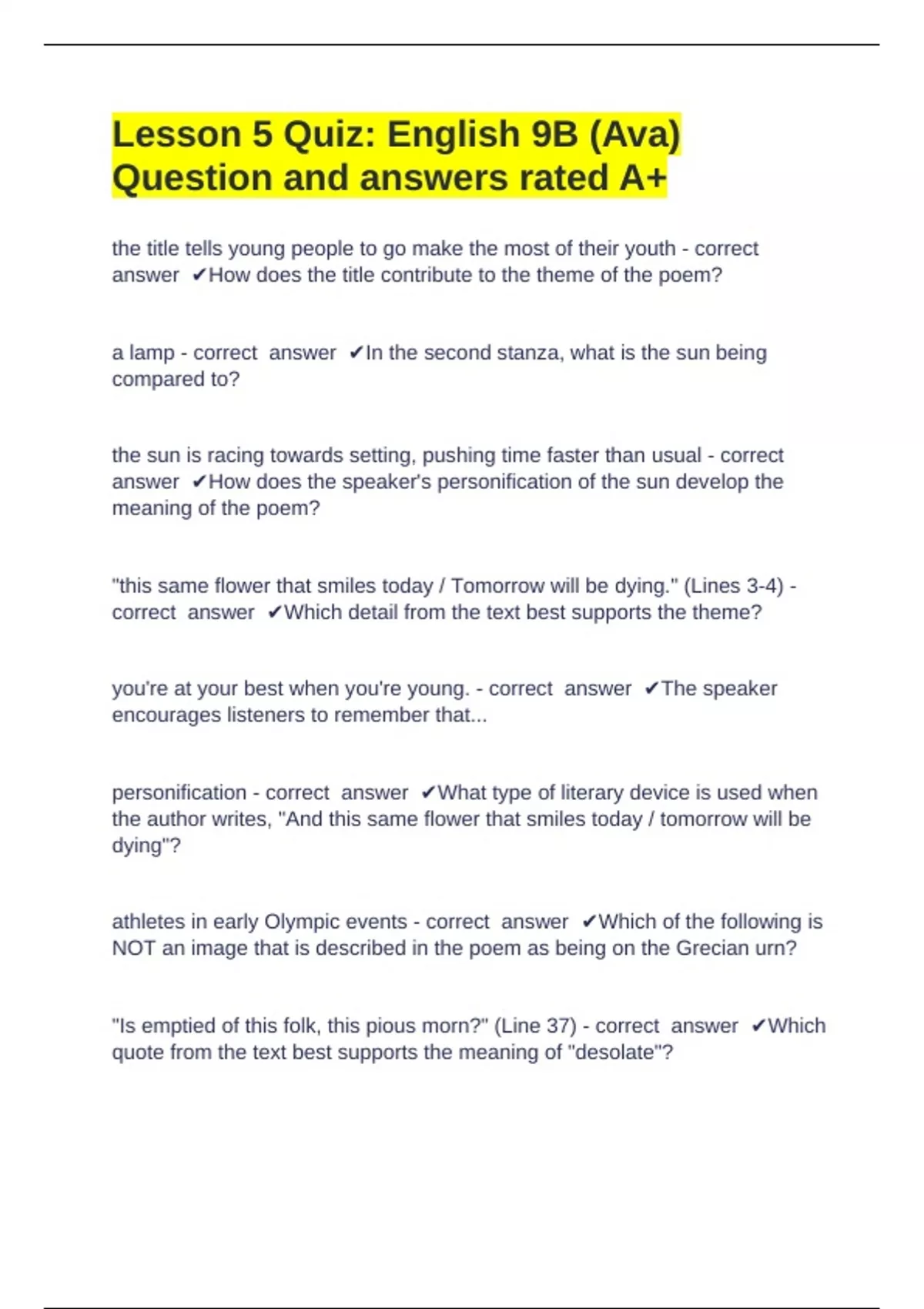 Lesson 5 Quiz: English 9B (Ava) Question and answers rated A+ - AVA - Stuvia US