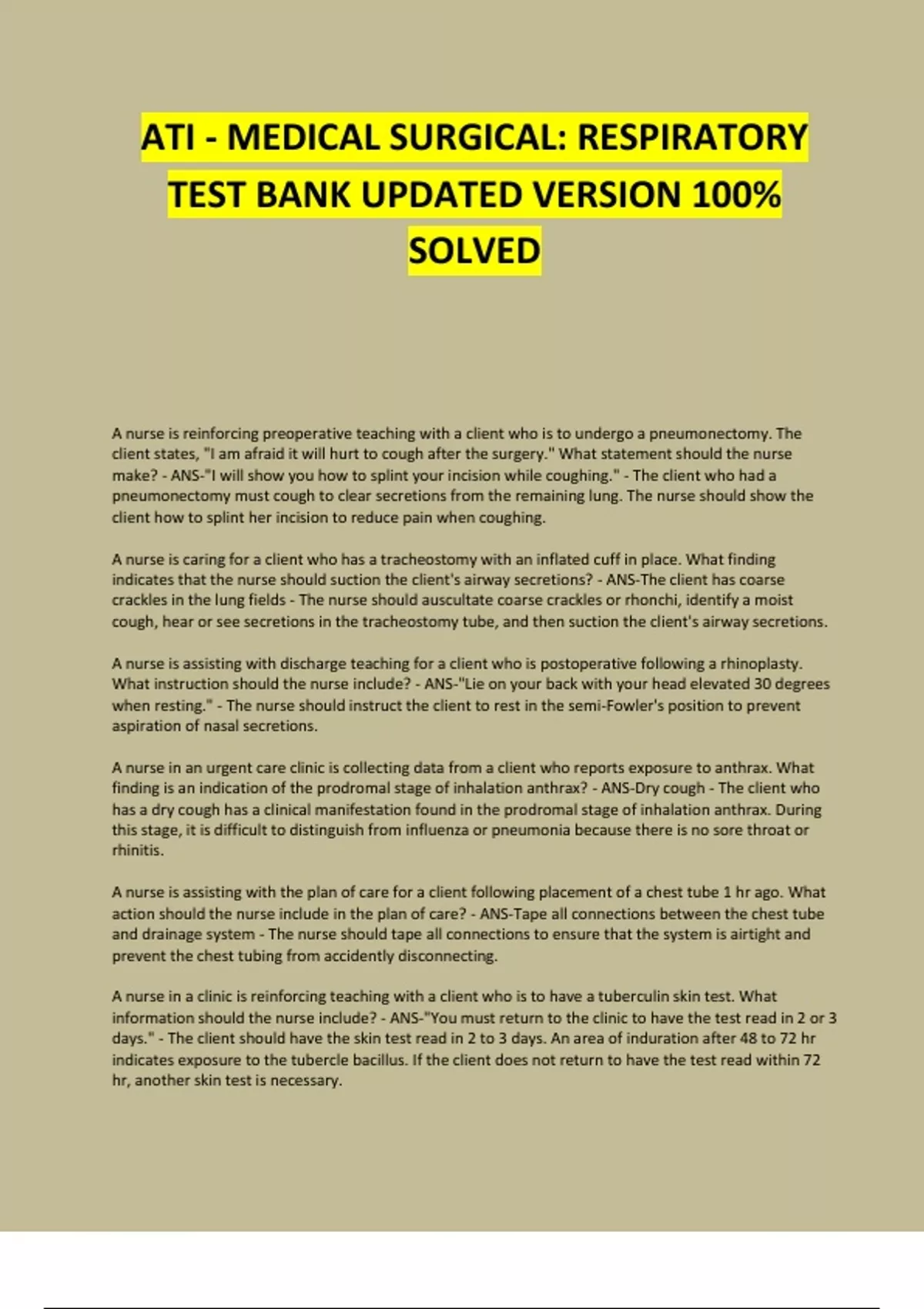 ATI - MEDICAL SURGICAL RESPIRATORY TEST BANK UPDATED VERSION 100% ...