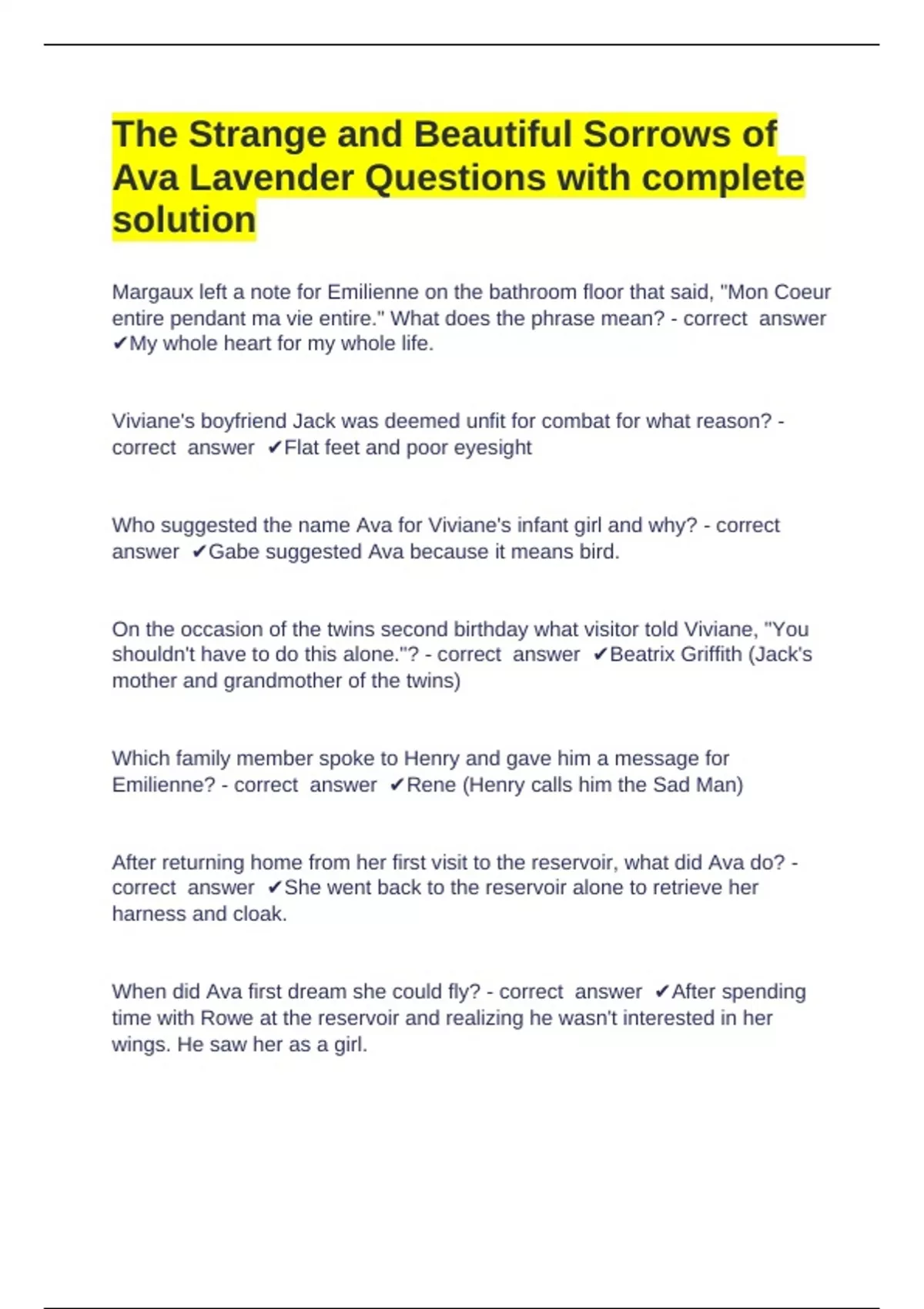 The Strange and Beautiful Sorrows of Ava Lavender Questions with complete solution - AVA - Stuvia UK