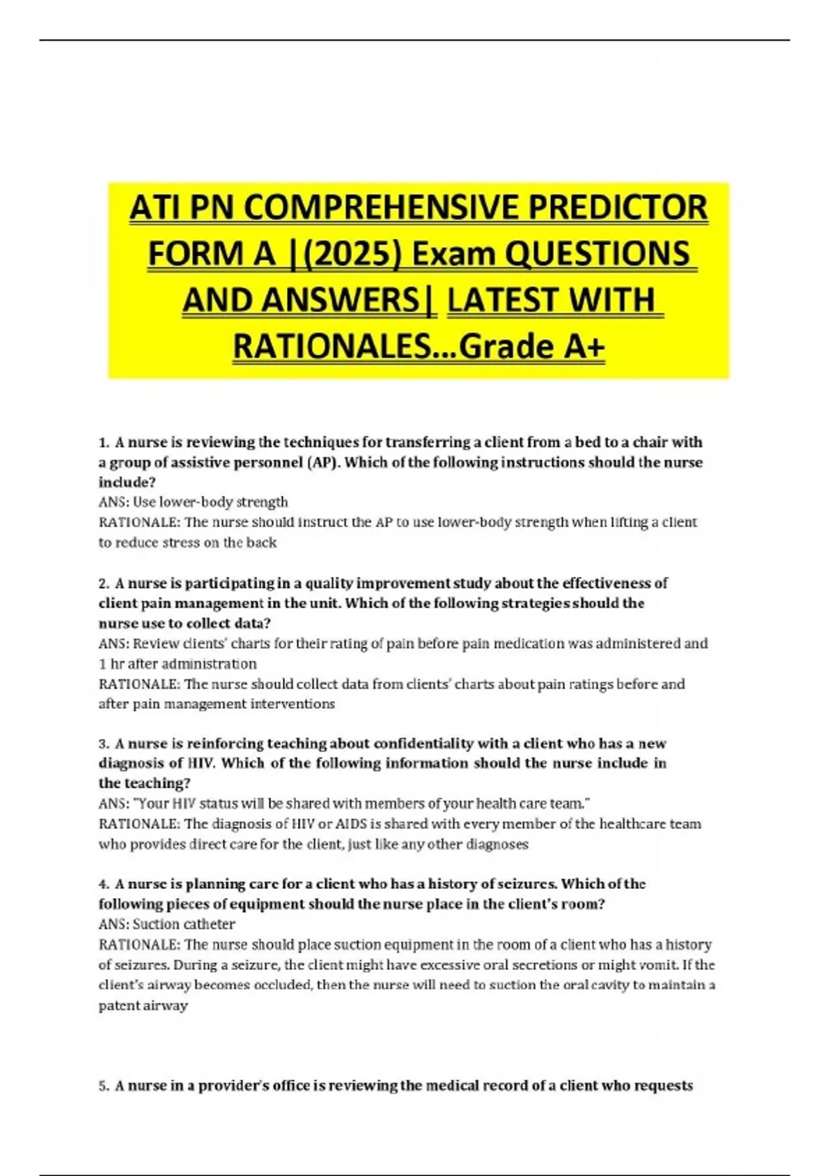 ATI PN COMPREHENSIVE PREDICTOR FORM A |(2025) Exam QUESTIONS AND ...