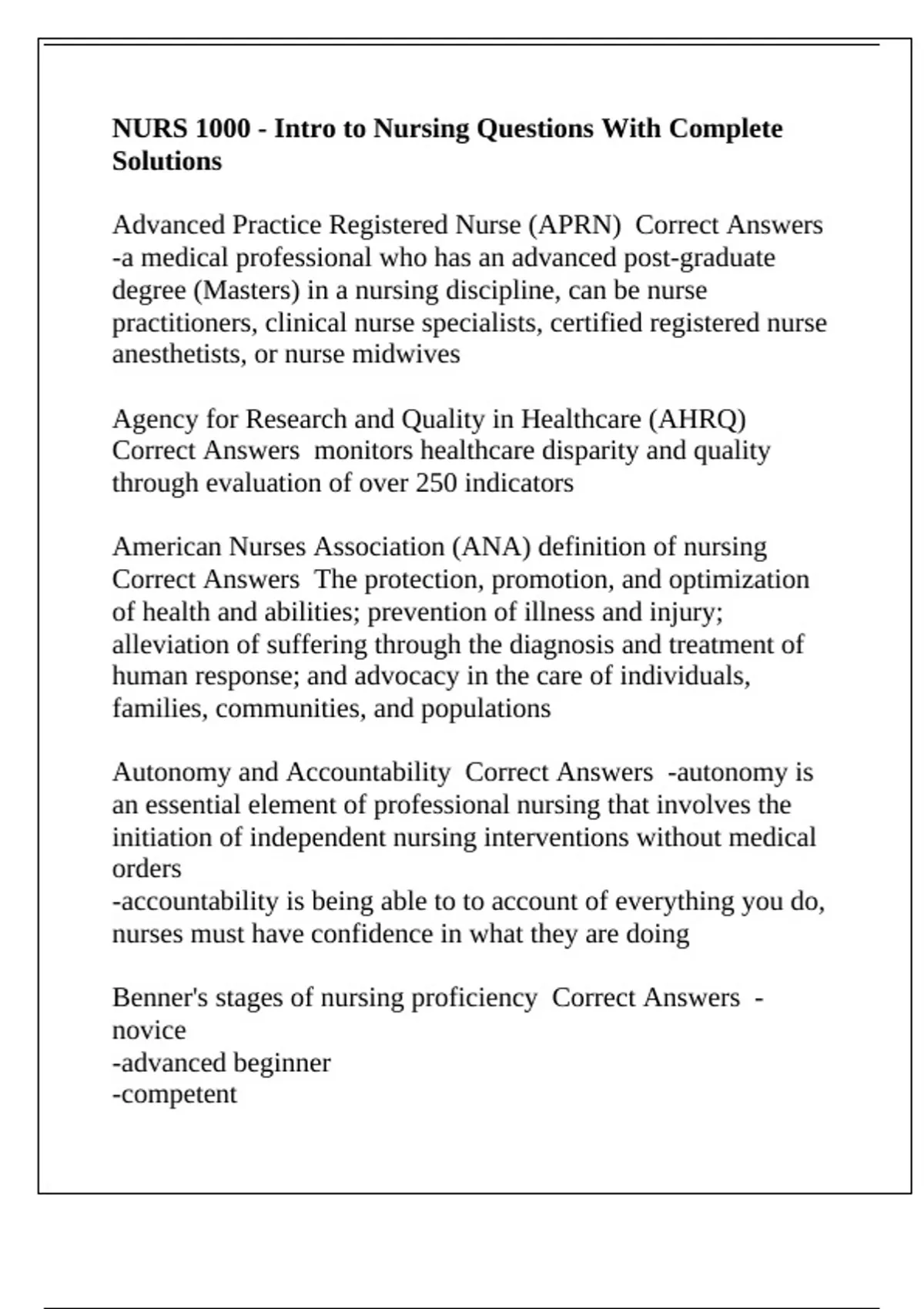 NURS 1000 - Intro to Nursing Questions With Complete Solutions - NUR ...