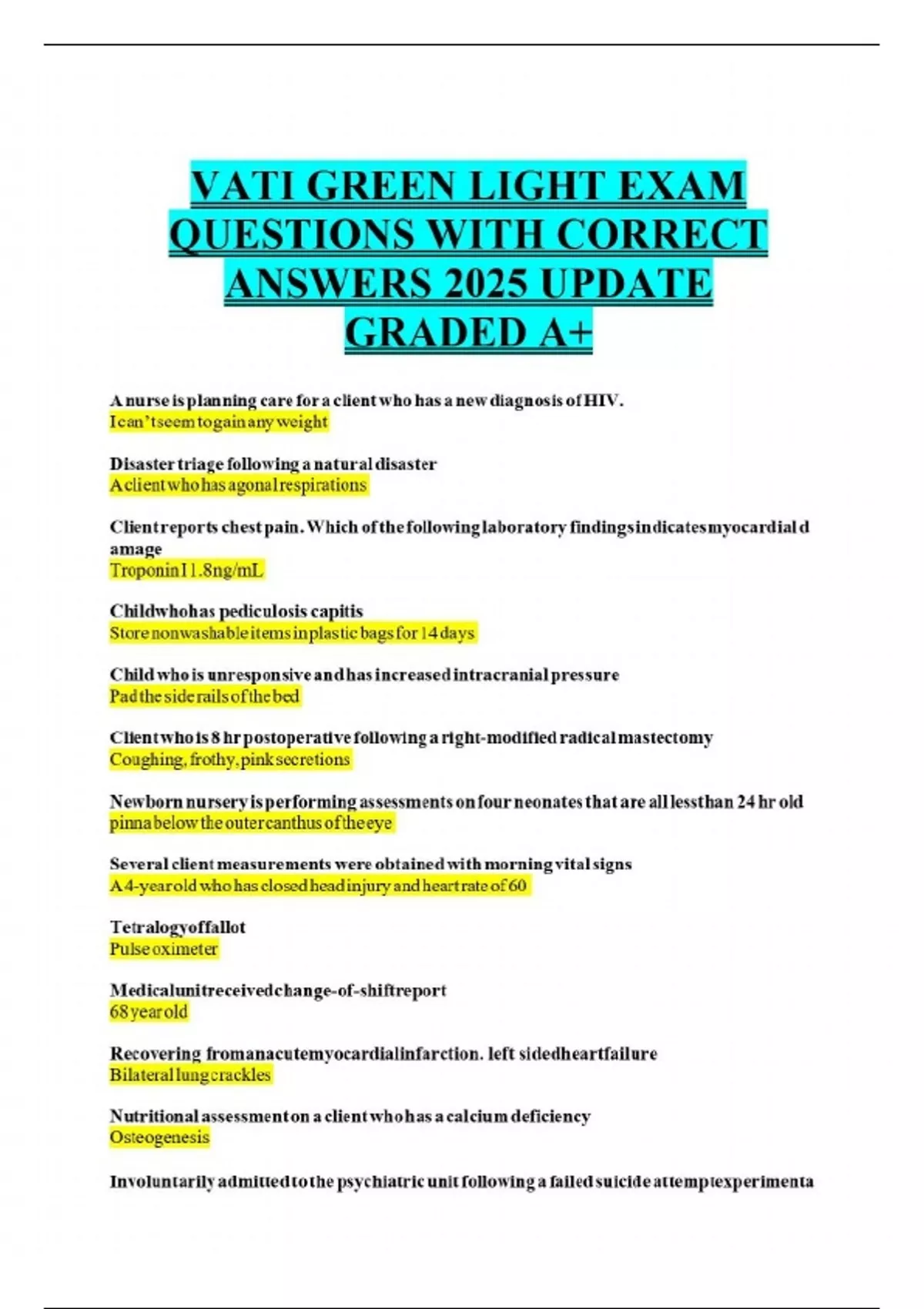 VATI GREEN LIGHT EXAM QUESTIONS WITH CORRECT ANSWERS 2025 UPDATE GRADED ...
