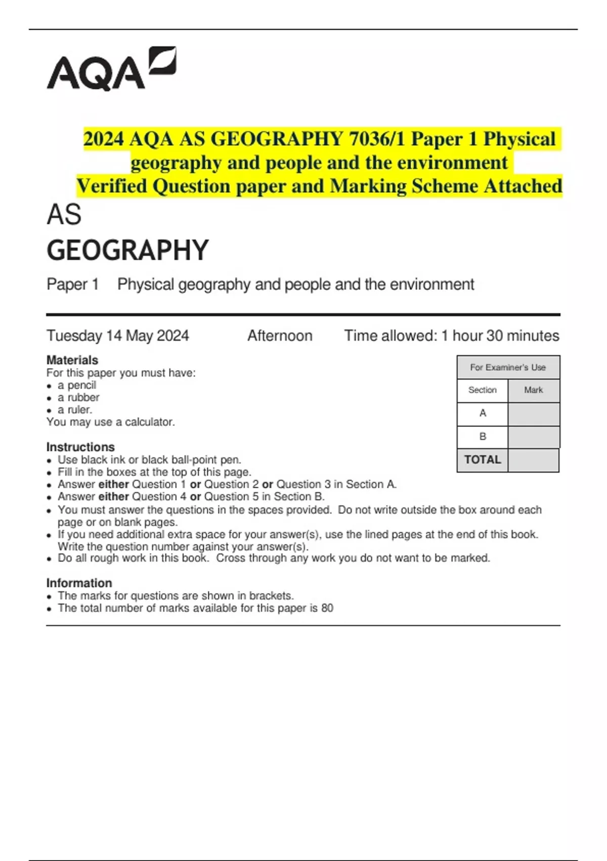 2024 AQA AS GEOGRAPHY 7036/1 Paper 1 Physical geography and people and ...