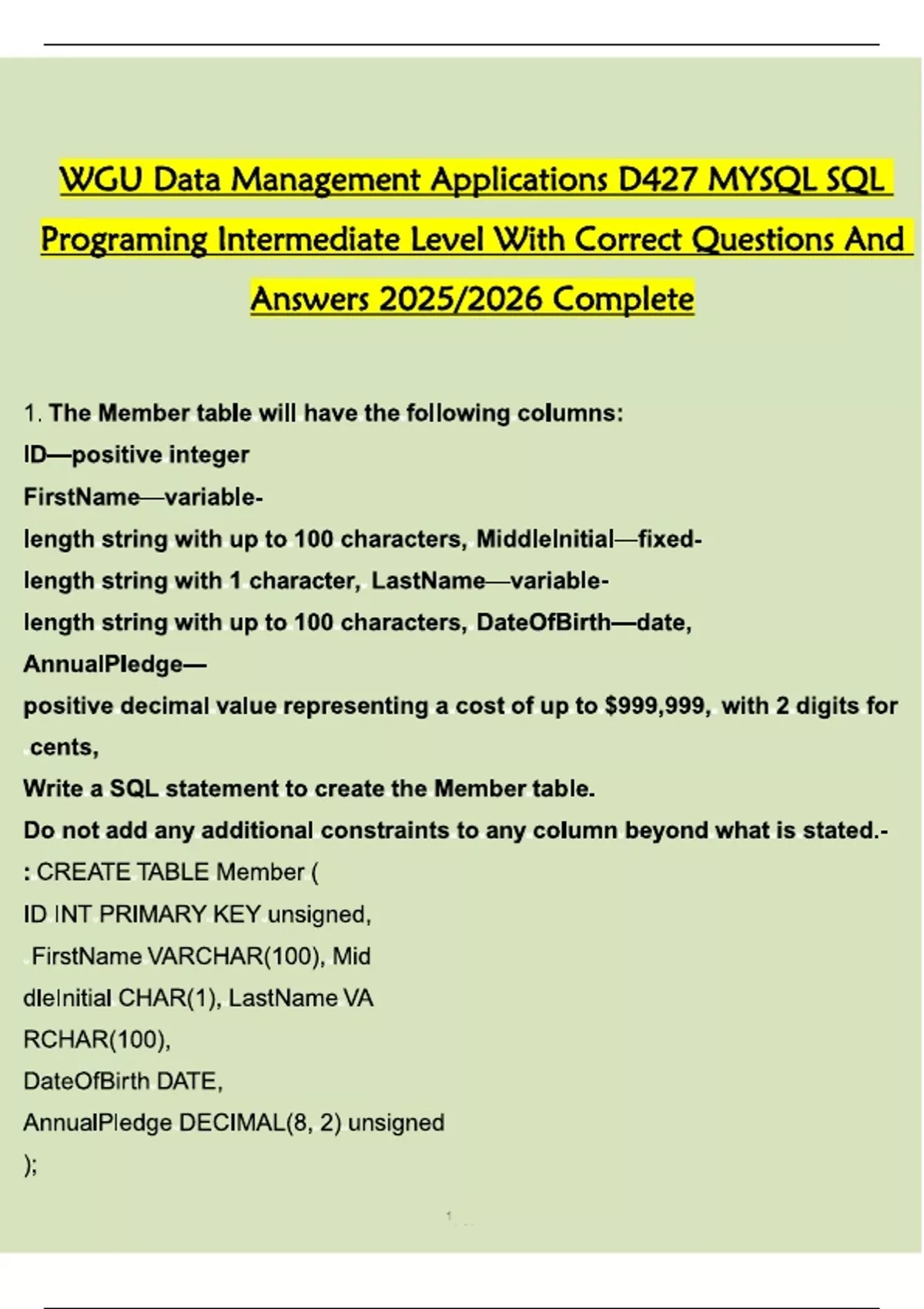 WGU Data Management Applications D427 MYSQL SQL Programing Intermediate Level With Correct ...