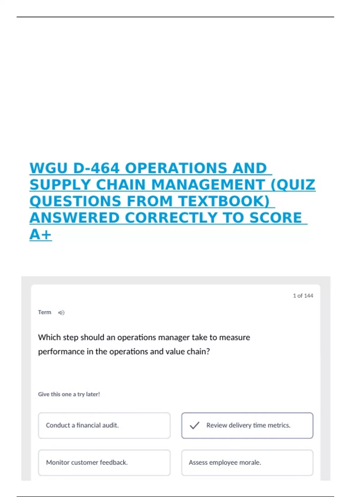 WGU D-464 OPERATIONS AND SUPPLY CHAIN MANAGEMENT (QUIZ QUESTIONS FROM ...