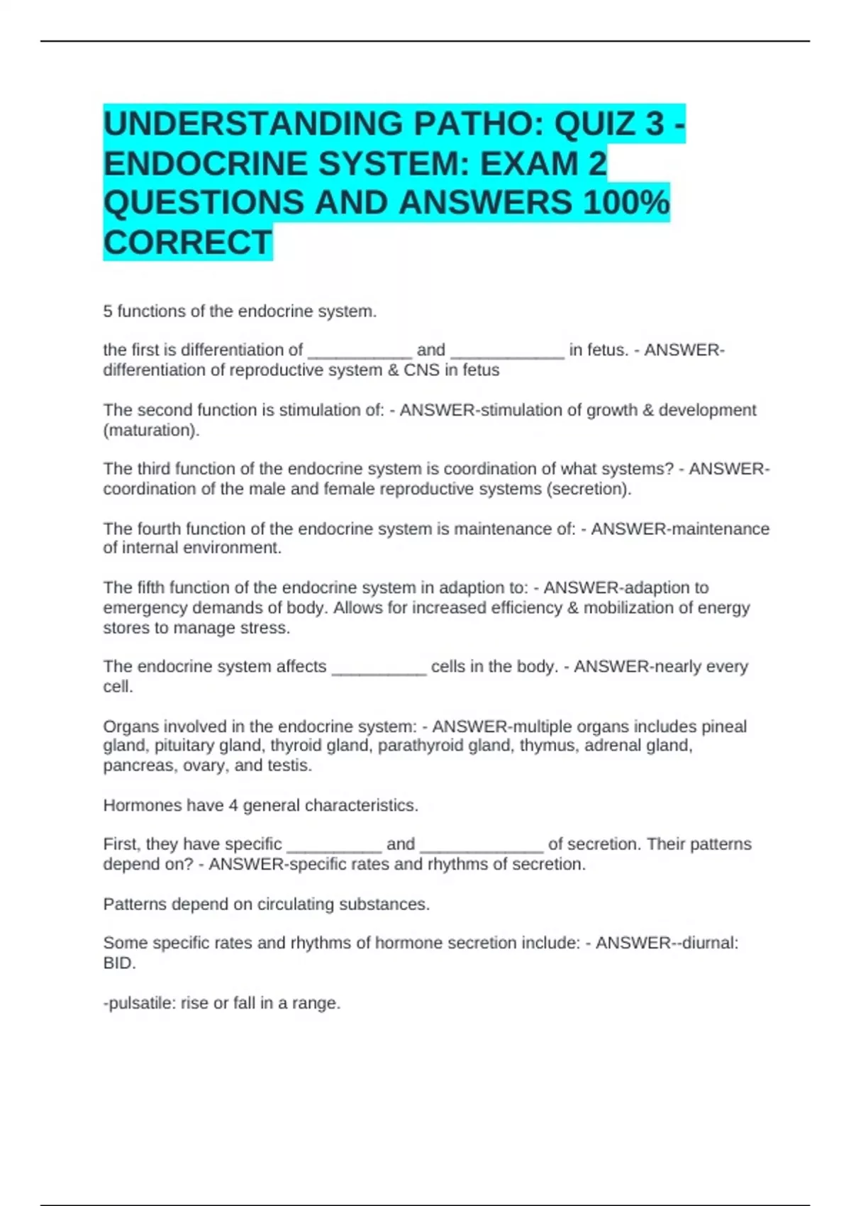 UNDERSTANDING PATHO: QUIZ 3 - ENDOCRINE SYSTEM: EXAM 2 QUESTIONS AND ANSWERS 100% CORRECT ...