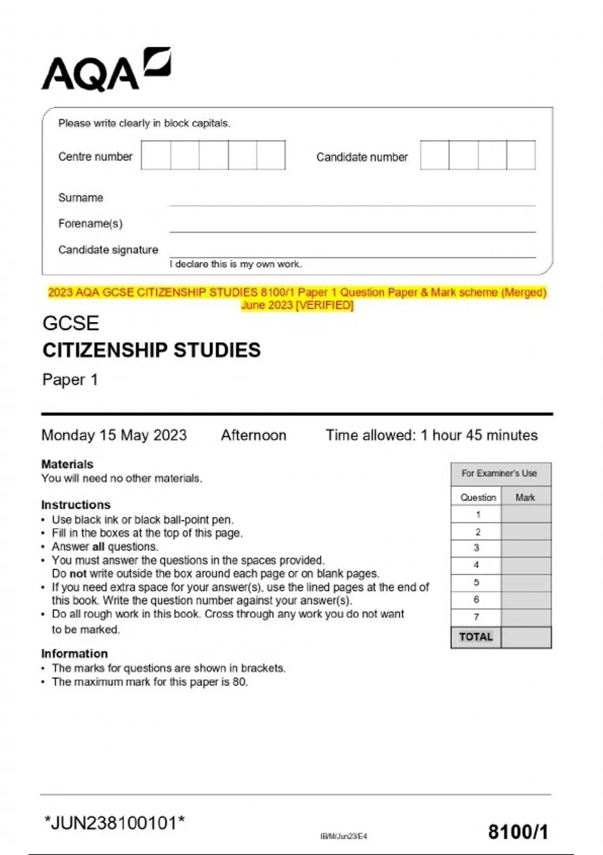 2023 AQA GCSE CITIZENSHIP STUDIES 8100/1 Paper 1 Question Paper & Mark ...
