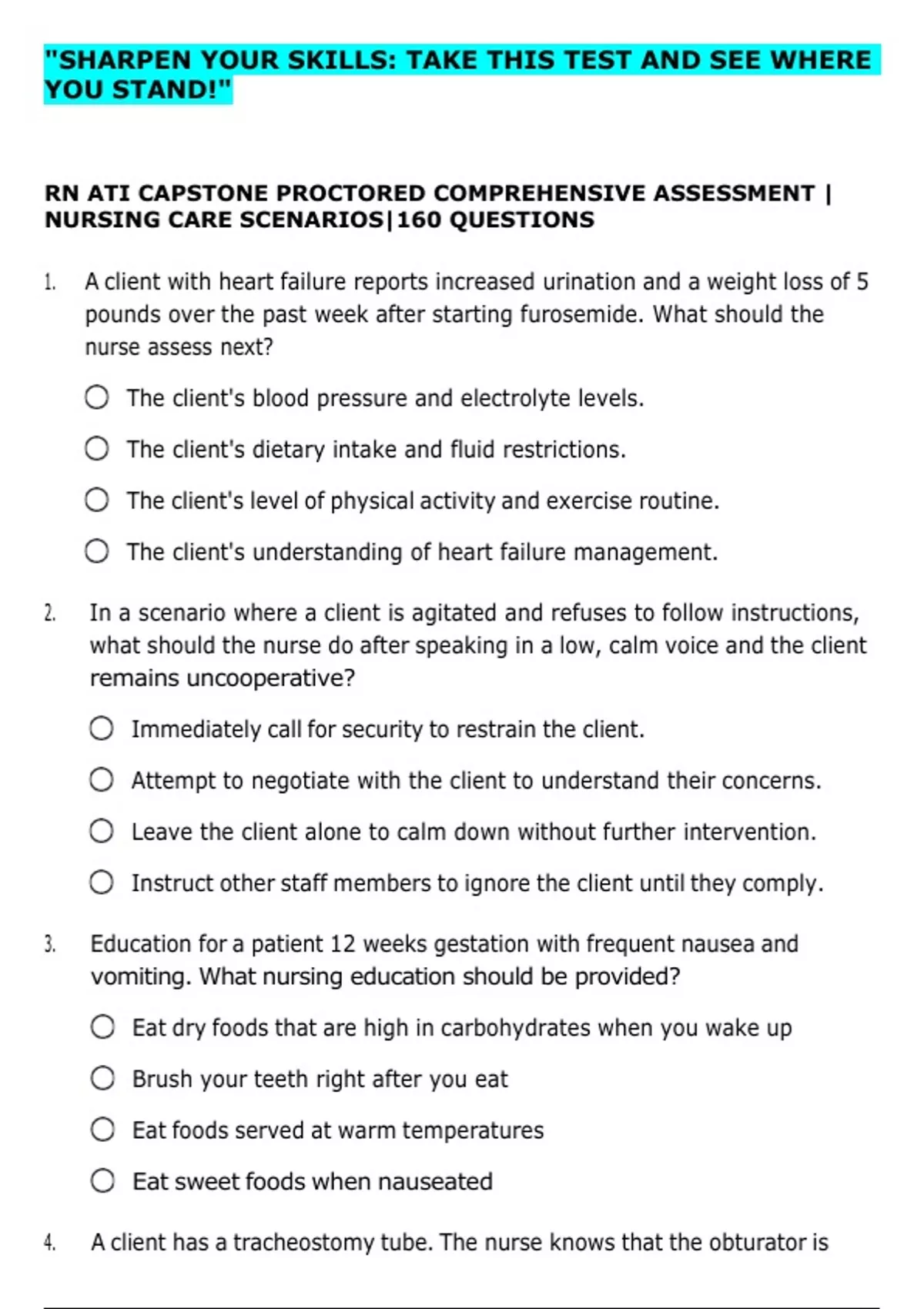 "SHARPEN YOUR SKILLS: TAKE THIS TEST AND SEE WHERE YOU STAND!"RN ATI ...