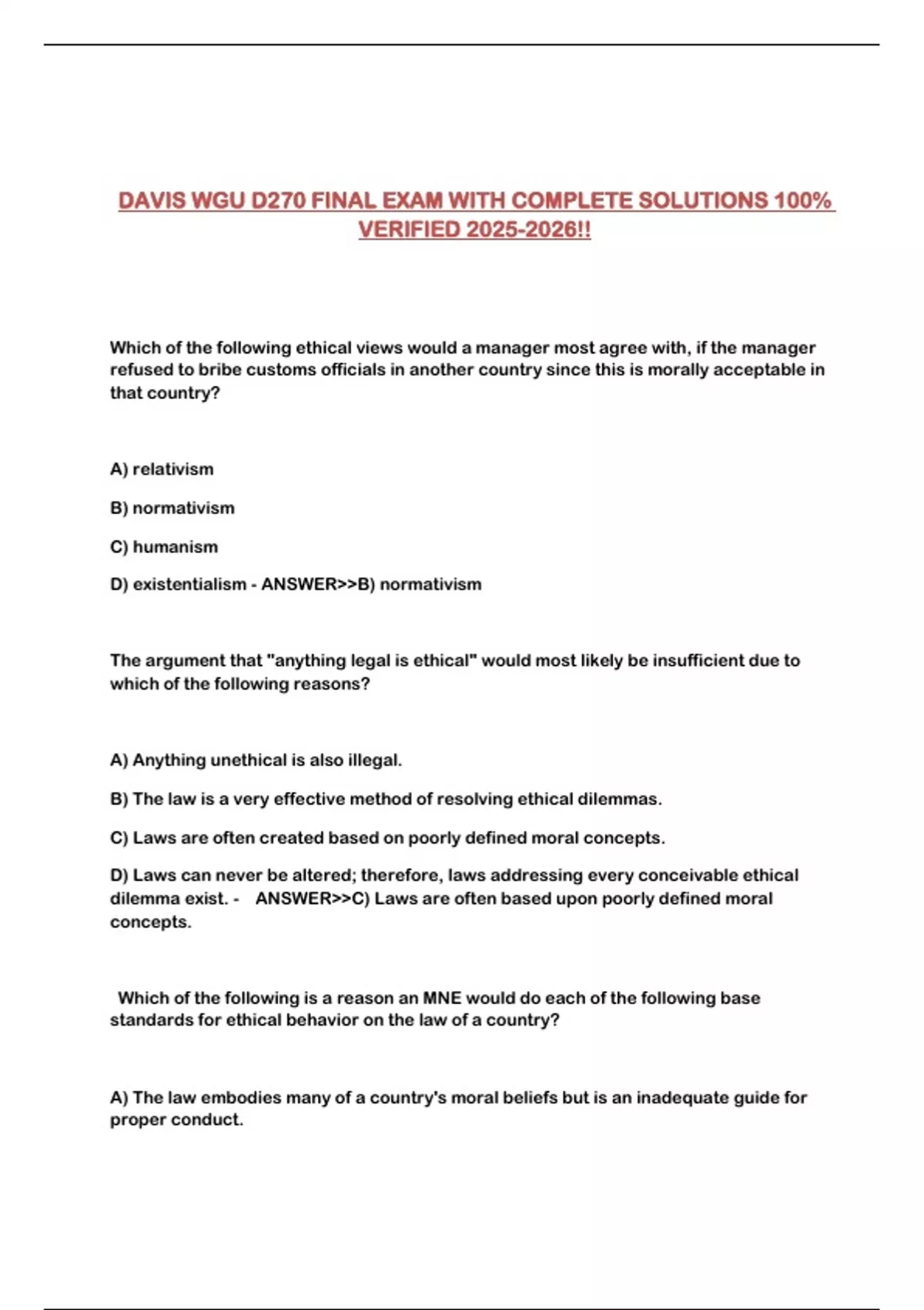 DAVIS WGU D270 FINAL EXAM WITH COMPLETE SOLUTIONS 100% VERIFIED ...