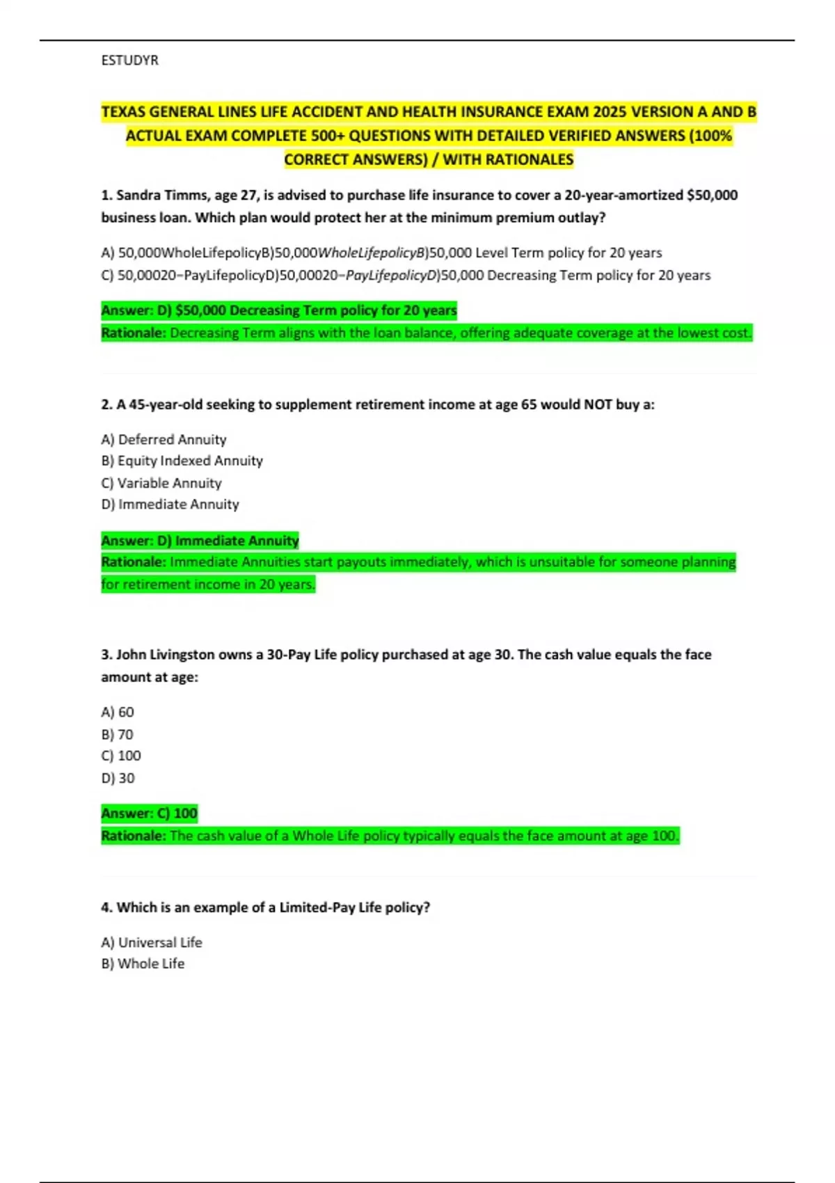 TEXAS GENERAL LINES LIFE ACCIDENT AND HEALTH INSURANCE EXAM 2025 ...