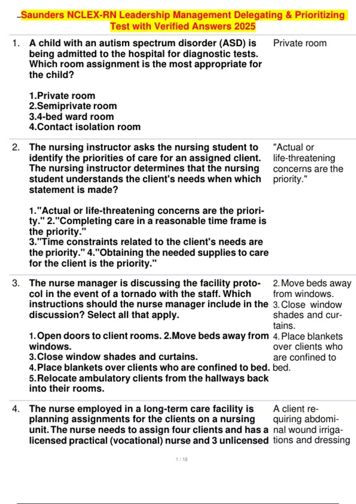 Saunders NCLEX-RN Leadership Management Delegating & Prioritizing Test ...