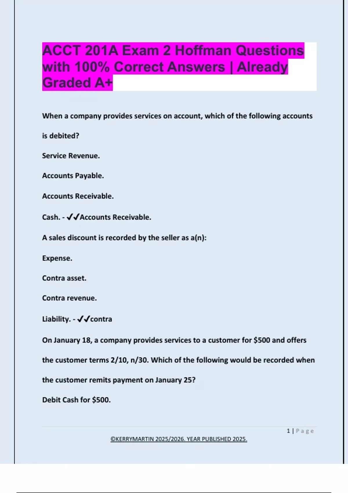 ACCT 201A Exam 2 Hoffman Questions with 100% Correct Answers | Already ...