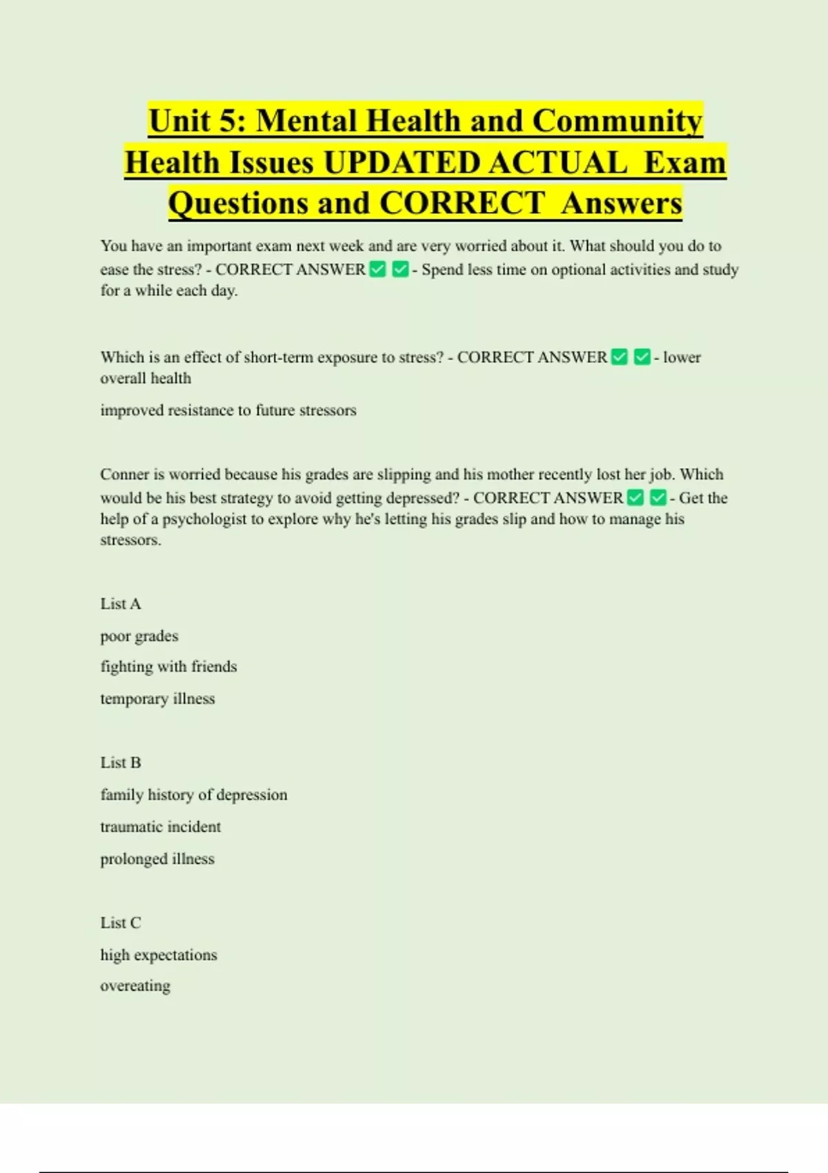 Unit 5: Mental Health and Community Health Issues UPDATED ACTUAL Exam ...