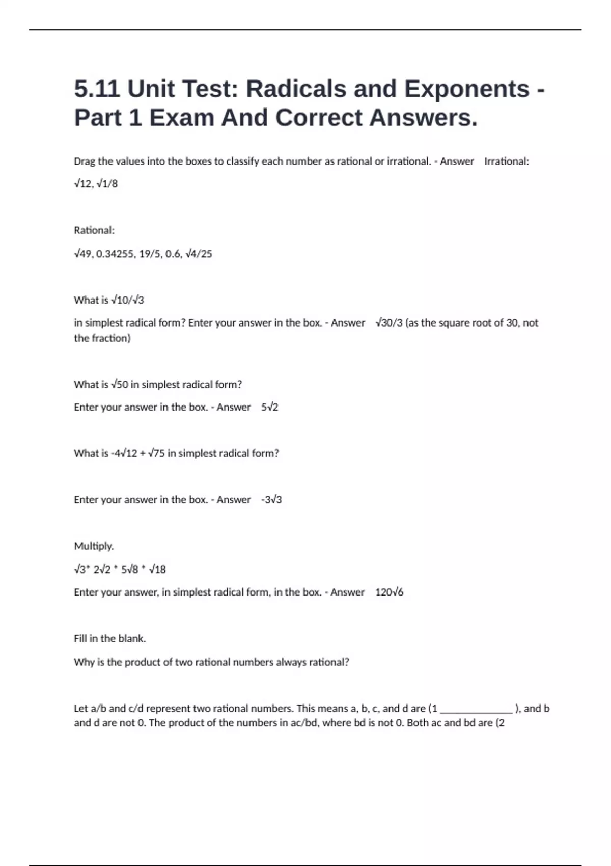5.11 Unit Test: Radicals and Exponents - Part 1 Exam And Correct ...