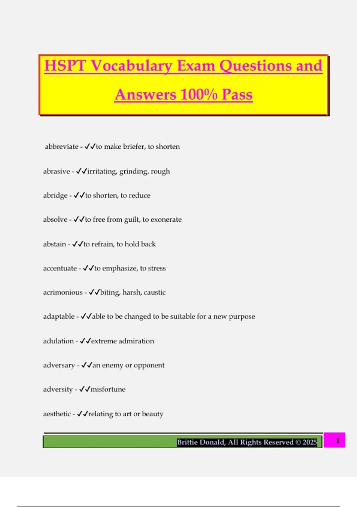 HSPT Vocabulary Exam Questions and Answers 100% Pass - HSPT - Stuvia US