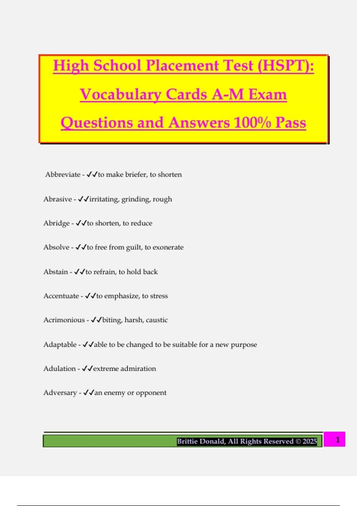 High School Placement Test (HSPT): Vocabulary Cards A-M Exam Questions ...
