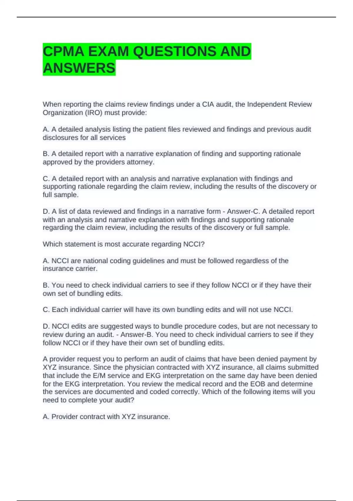 CPMA EXAM QUESTIONS AND ANSWERS - CPMA - Stuvia US