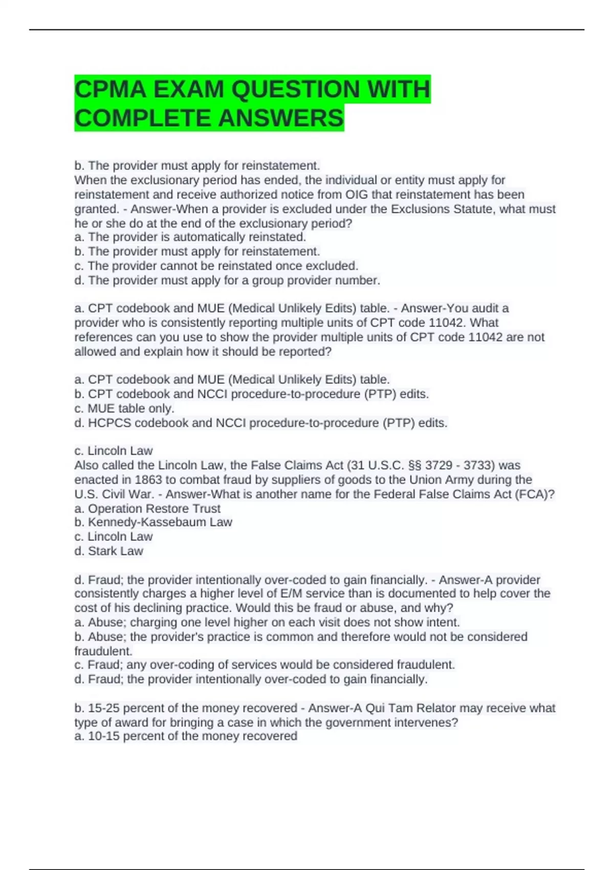 CPMA EXAM QUESTION WITH COMPLETE ANSWERS - CPMA - Stuvia US