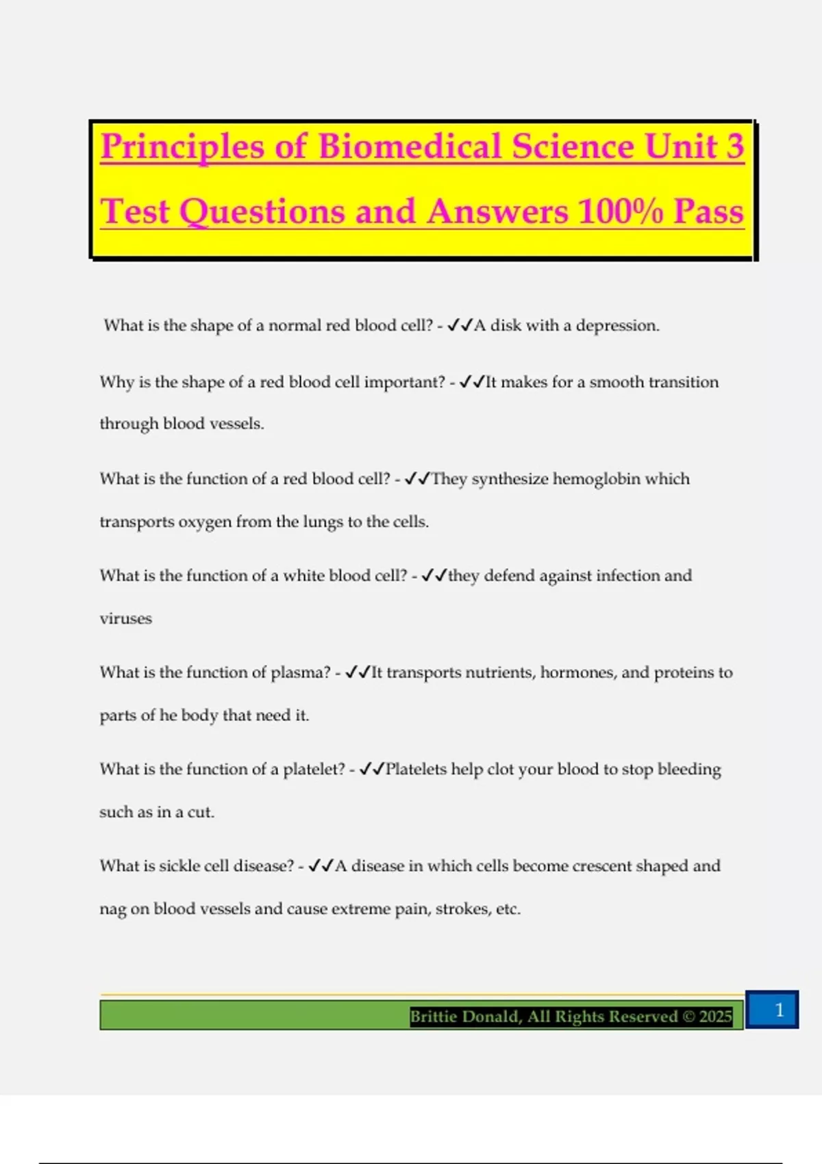 Principles of Biomedical Science Unit 3 Test Questions and Answers 100% ...