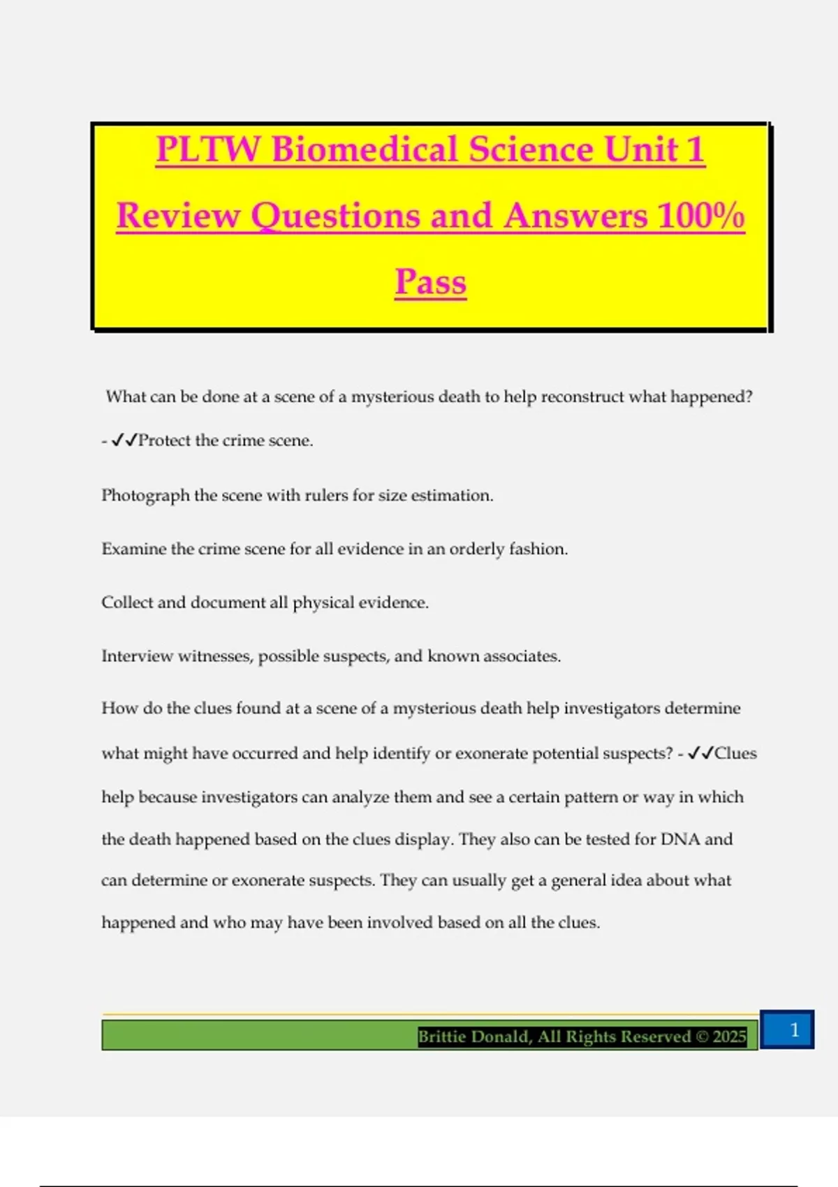 PLTW Biomedical Science Unit 1 Review Questions and Answers 100% Pass ...