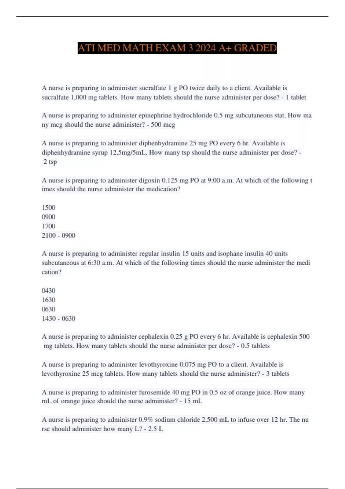 ATI MED MATH EXAM 3 2024 A+ GRADED - ATI MED MATH - Stuvia US