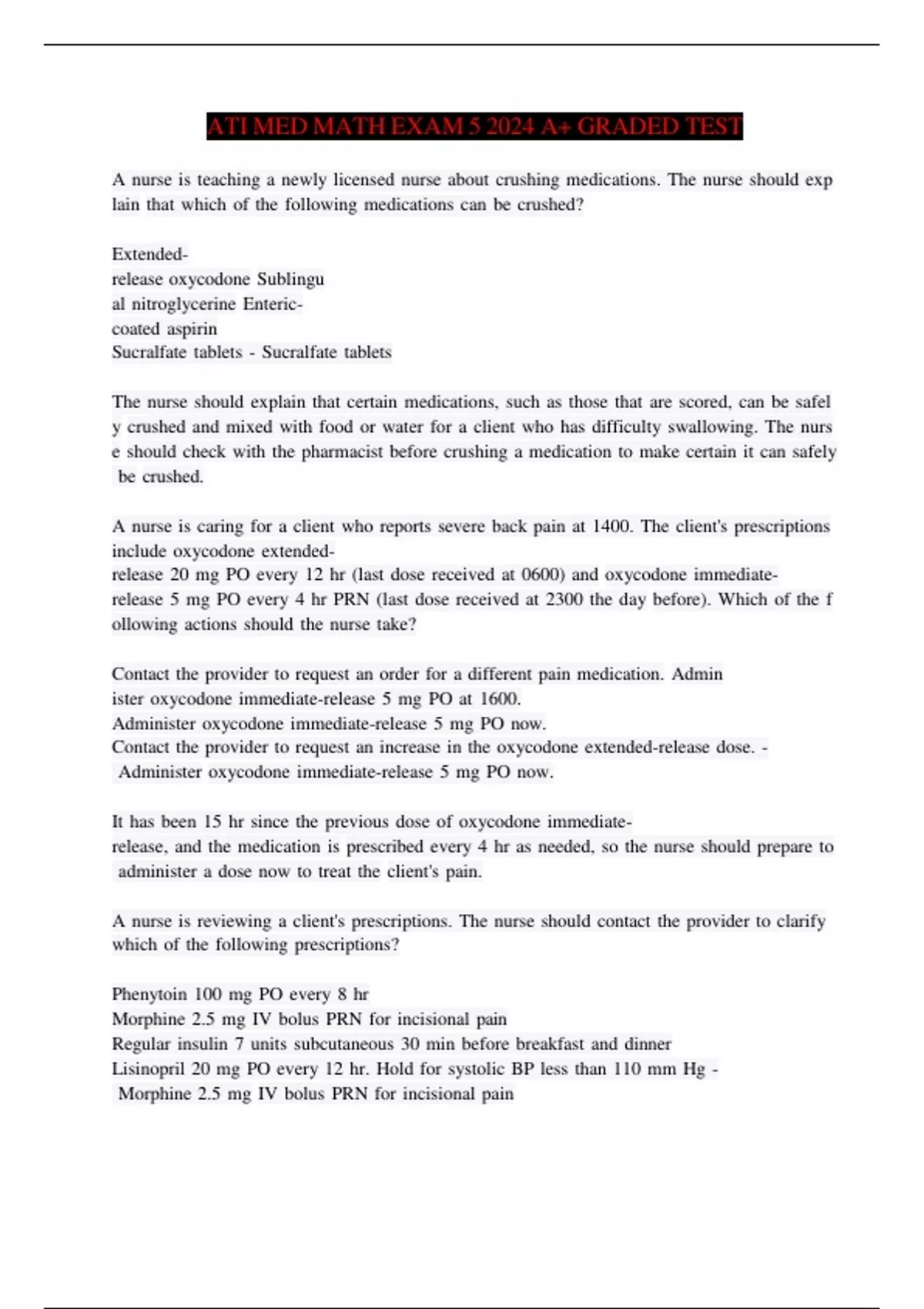 ATI MED MATH EXAM 5 2024 A+ GRADED TEST - ATI MED MATH - Stuvia US