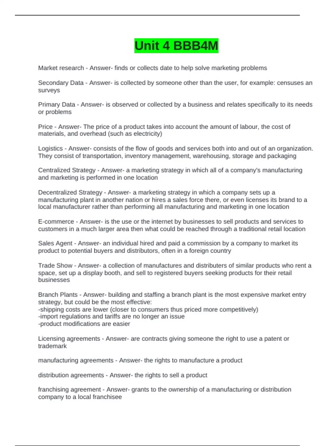 Unit 4 BBB4M EXAM QUESTIONS AND ANSWERS - Unit 4 BBB4M - Stuvia US