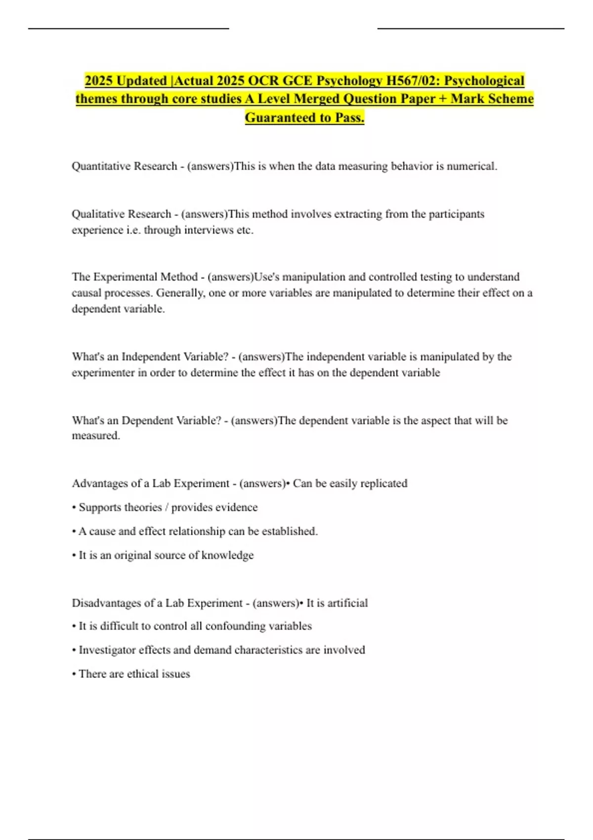 2025 Updated |Actual 2025 OCR GCE Psychology H567/02: Psychological ...