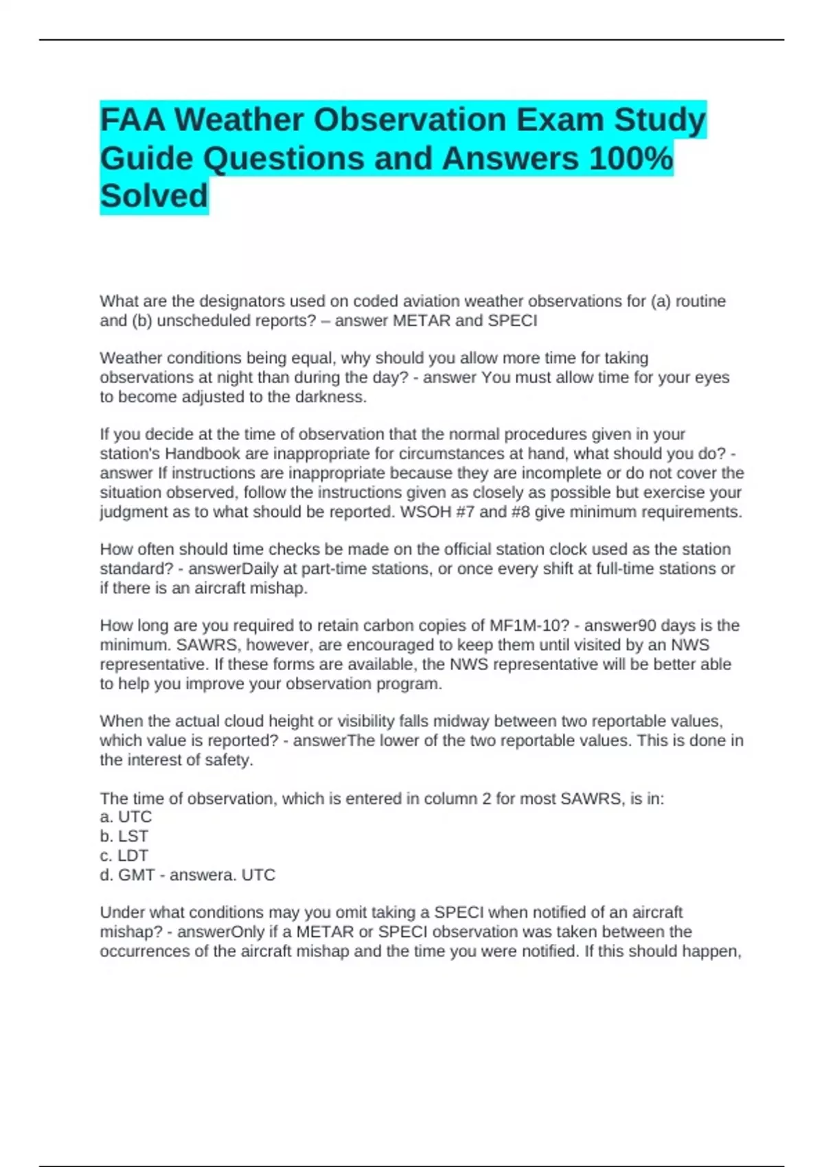 FAA Weather Observation Exam Study Guide Questions and Answers 100% ...