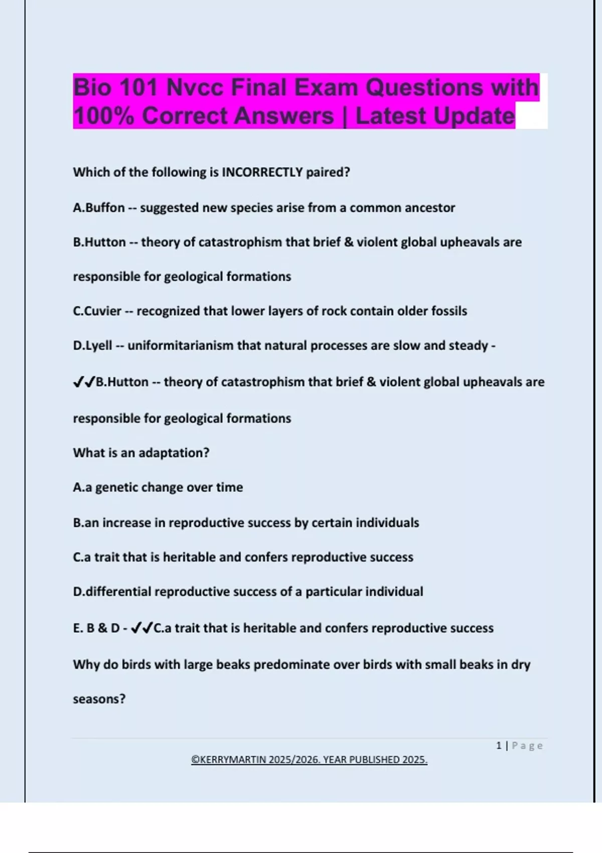 Bio 101 Nvcc Final Exam Questions with 100% Correct Answers | Latest ...
