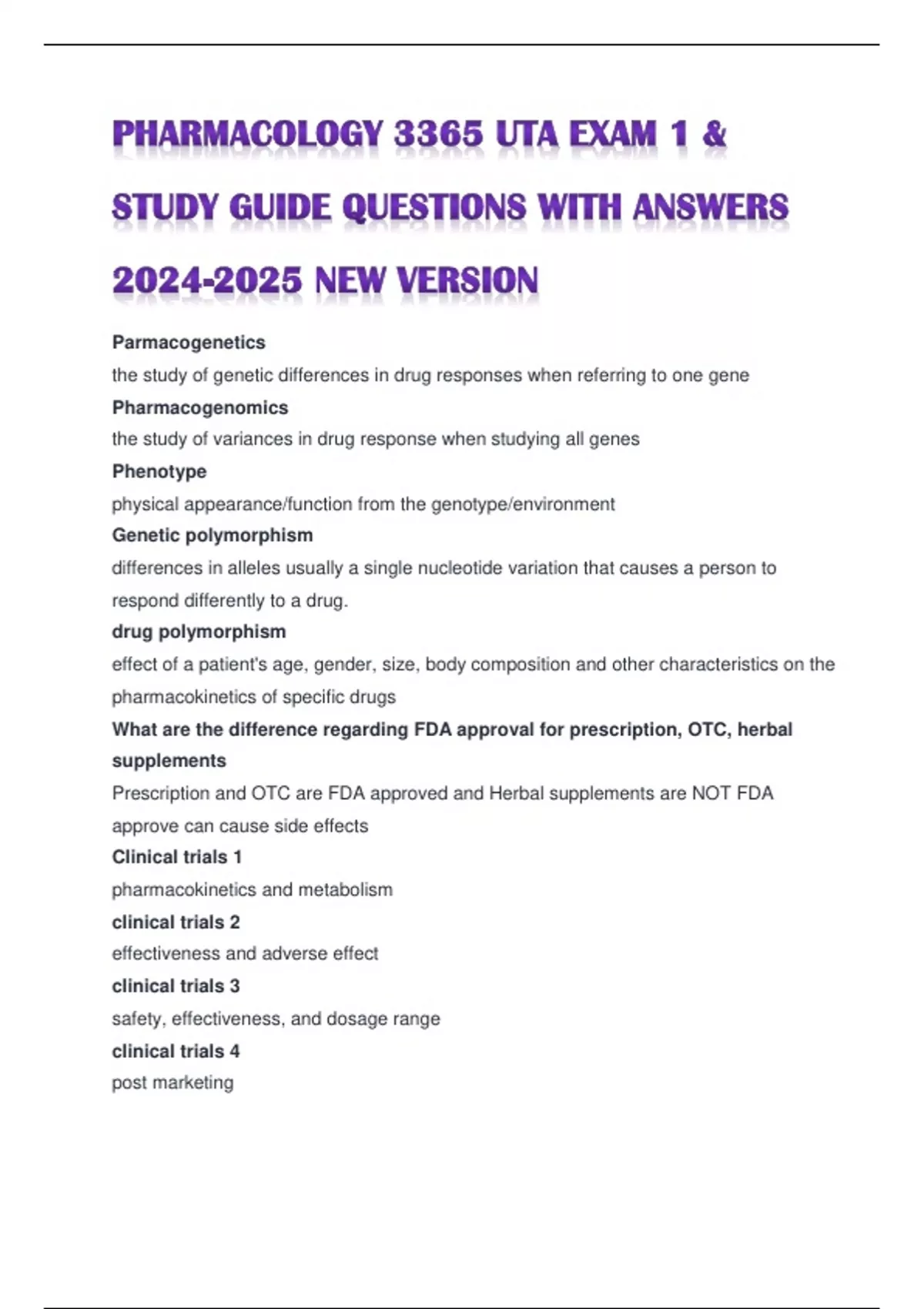 PHARMACOLOGY 3365 UTA EXAM 1 & STUDY GUIDE QUESTIONS WITH ANSWERS NEW ...