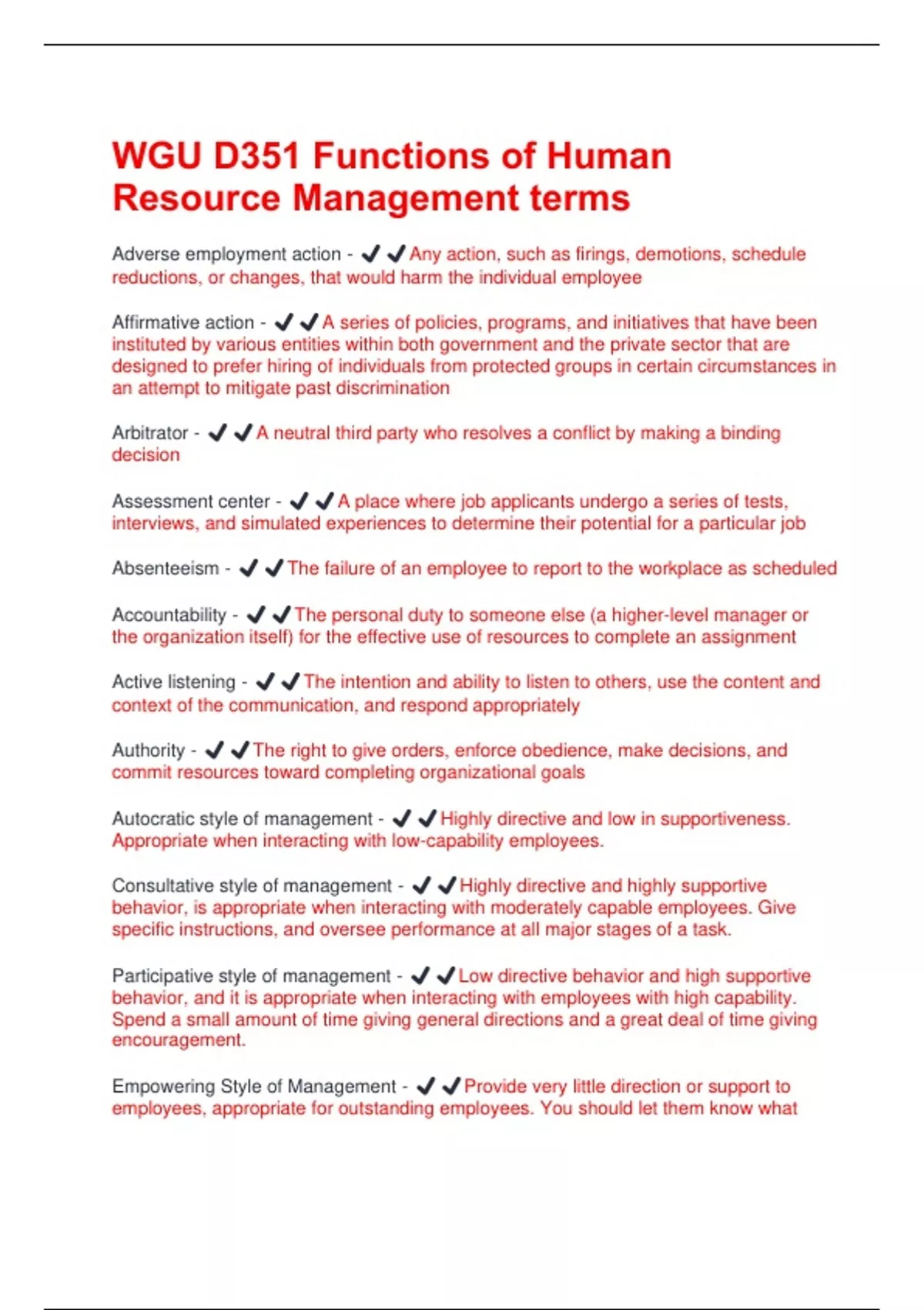 WGU D351 Functions of Human Resource Management terms Questions ...