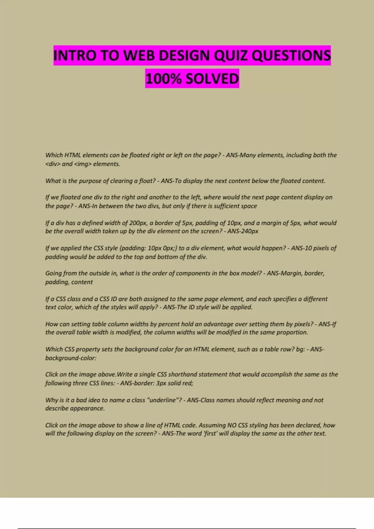 INTRO TO WEB DESIGN QUIZ QUESTIONS 100% SOLVED; GRADED A+ - INTRO TO ...