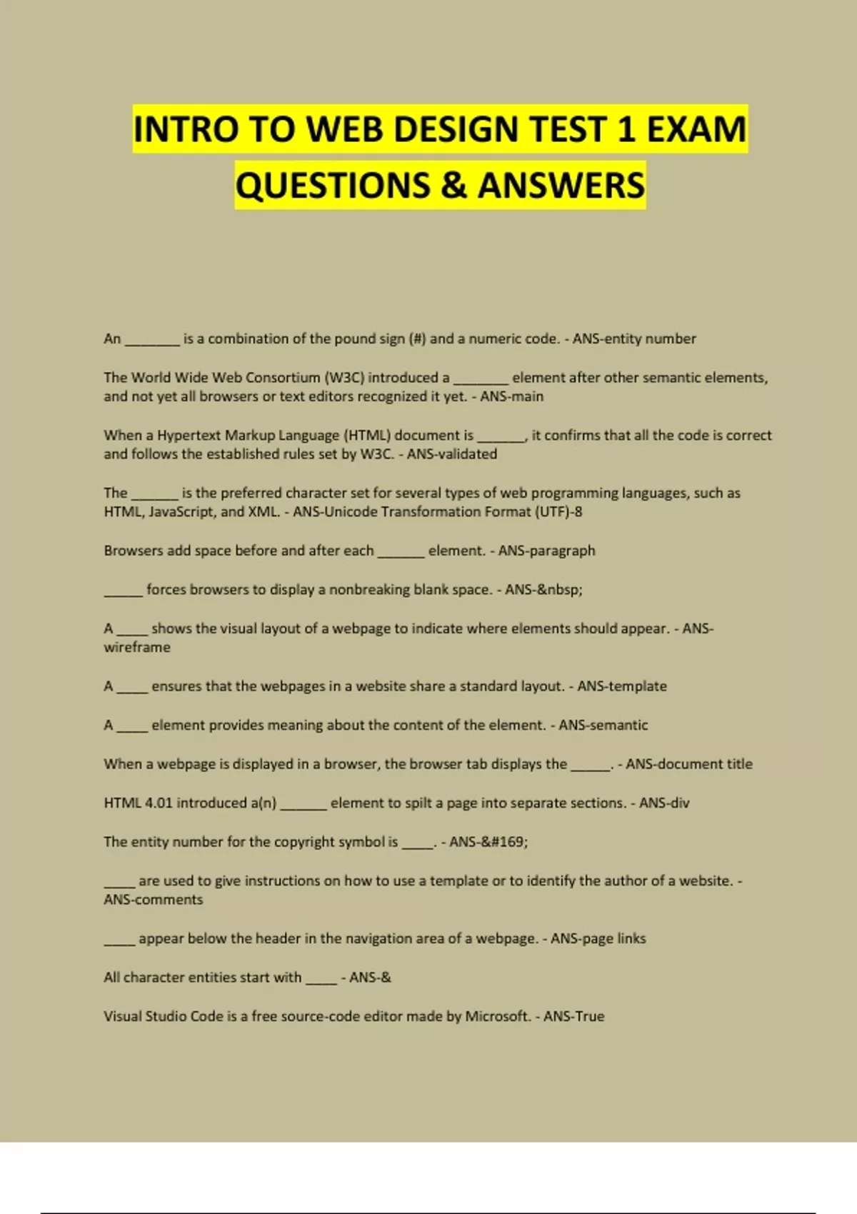 INTRO TO WEB DESIGN TEST 1 EXAM QUESTIONS WITH VERIFIED SOLUTIONS ...