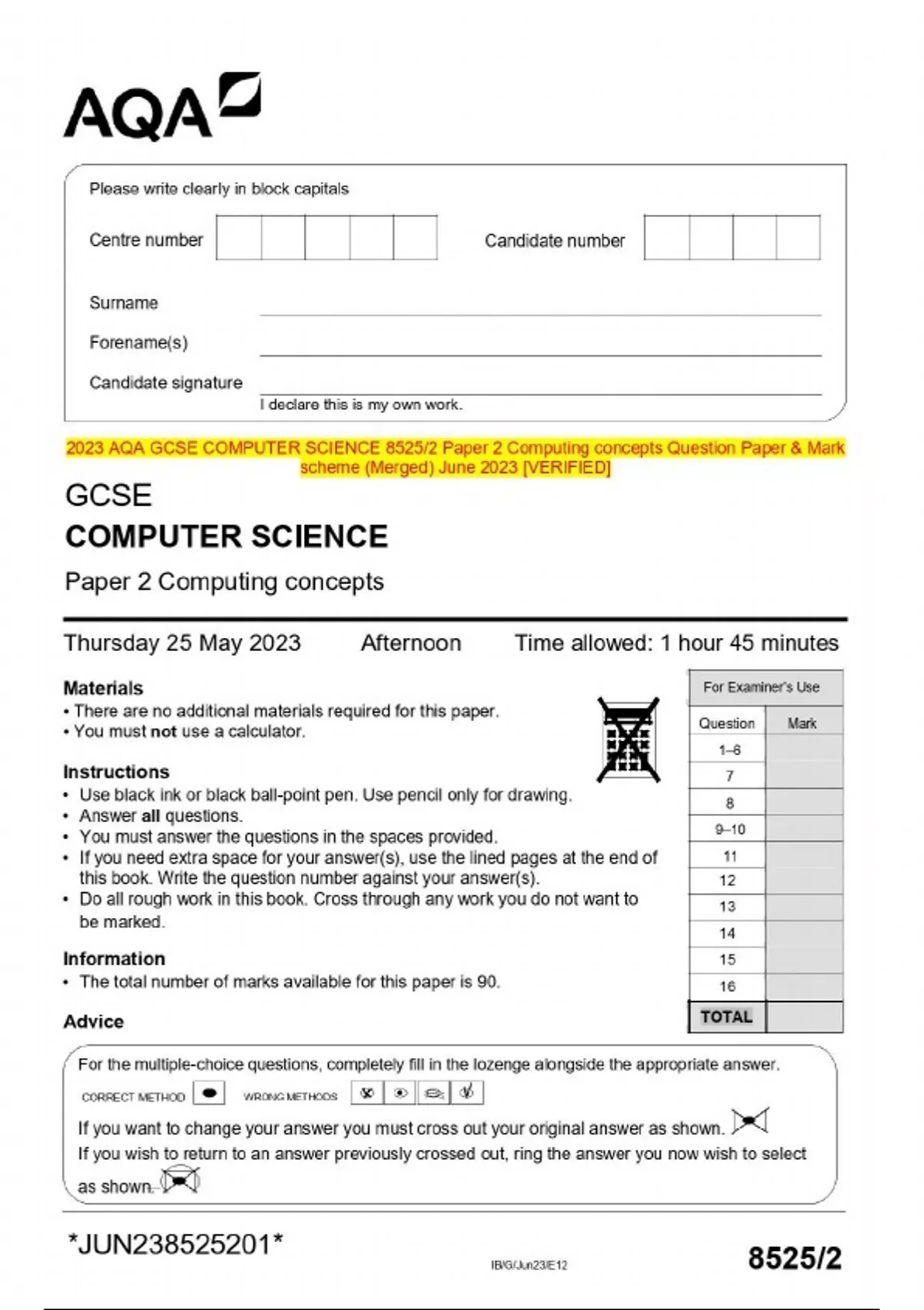 2023 AQA GCSE COMPUTER SCIENCE 8525/2 Paper 2 Computing concepts Question Paper & Mark scheme ...