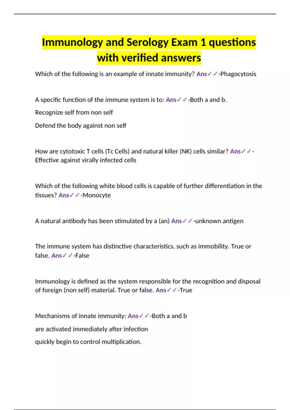 Immunology and Serology Exam 1 questions with verified answers ...