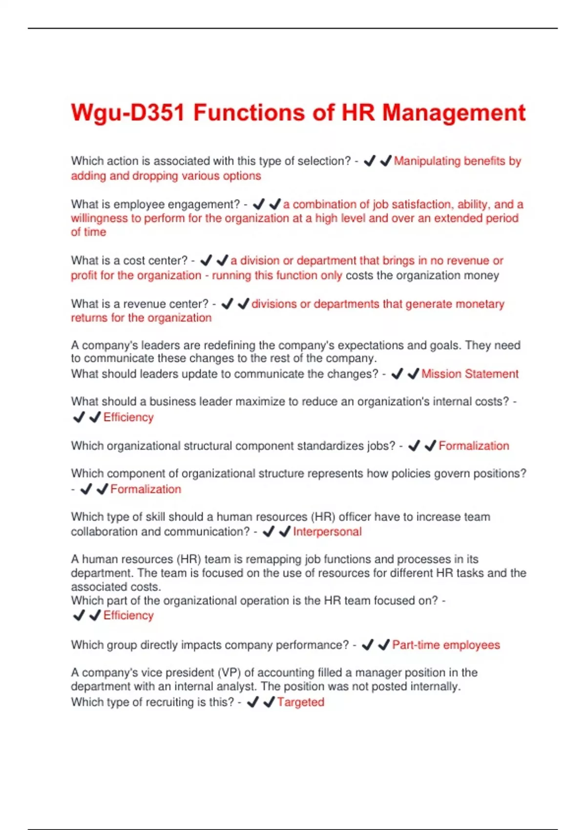 Wgu-D351 Functions of HR Management Exam (100% correct and graded A+ ...