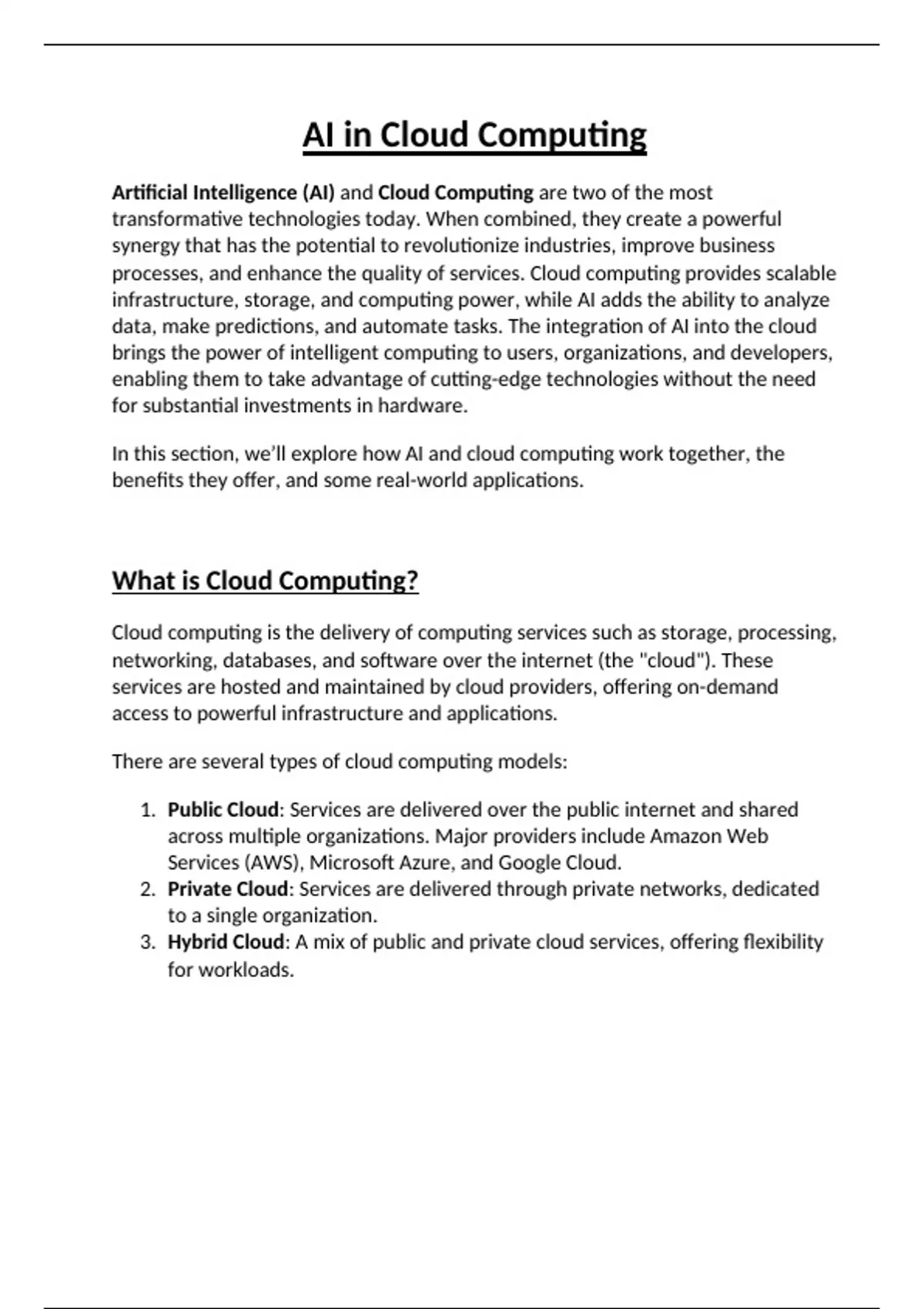 AI in Cloud Computing: Integration, Benefits, and Applications - COMPUTER SCIENCE - Stuvia US