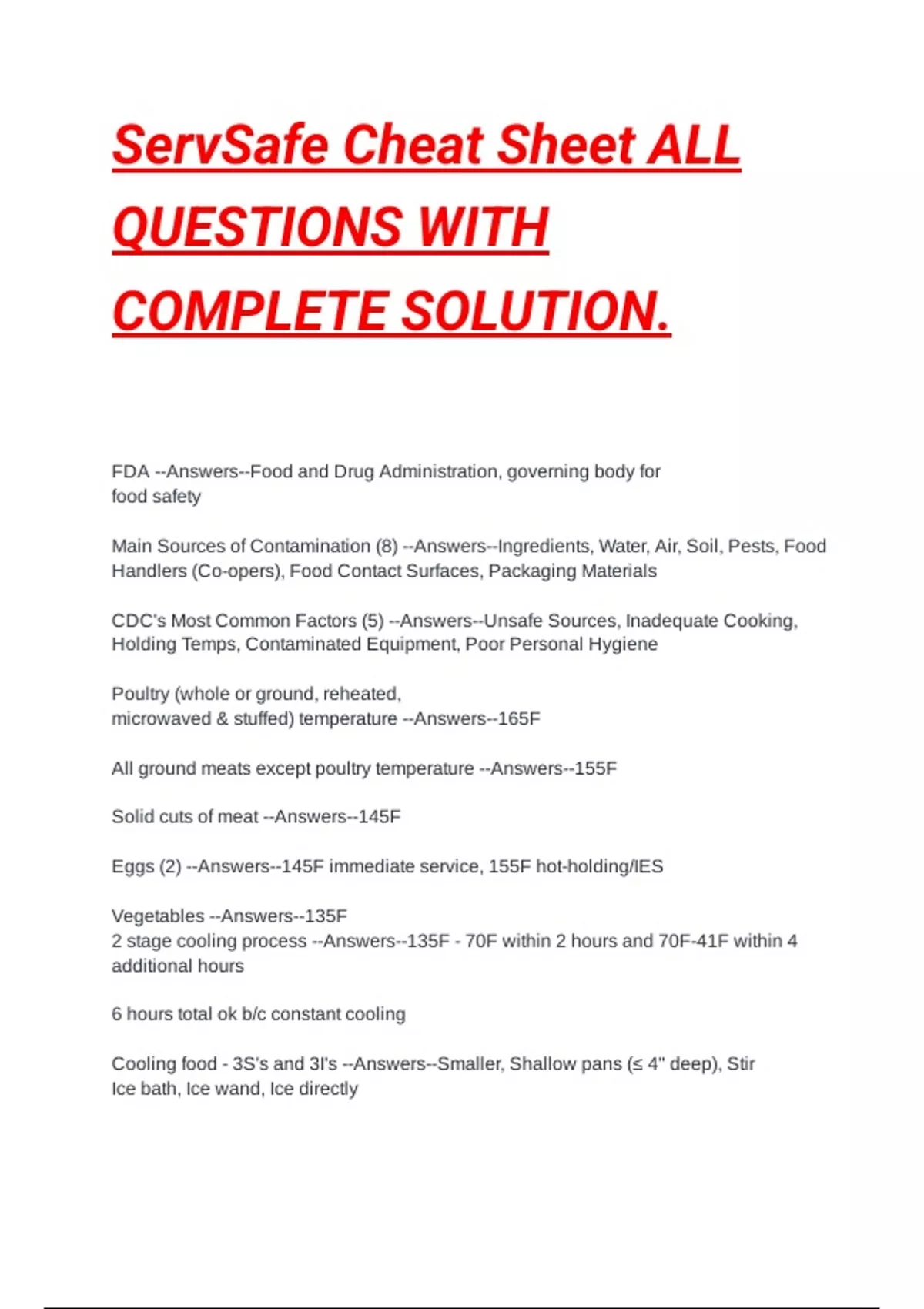 ServSafe Cheat Sheet ALL QUESTIONS WITH COMPLETE SOLUTION. FDA ...