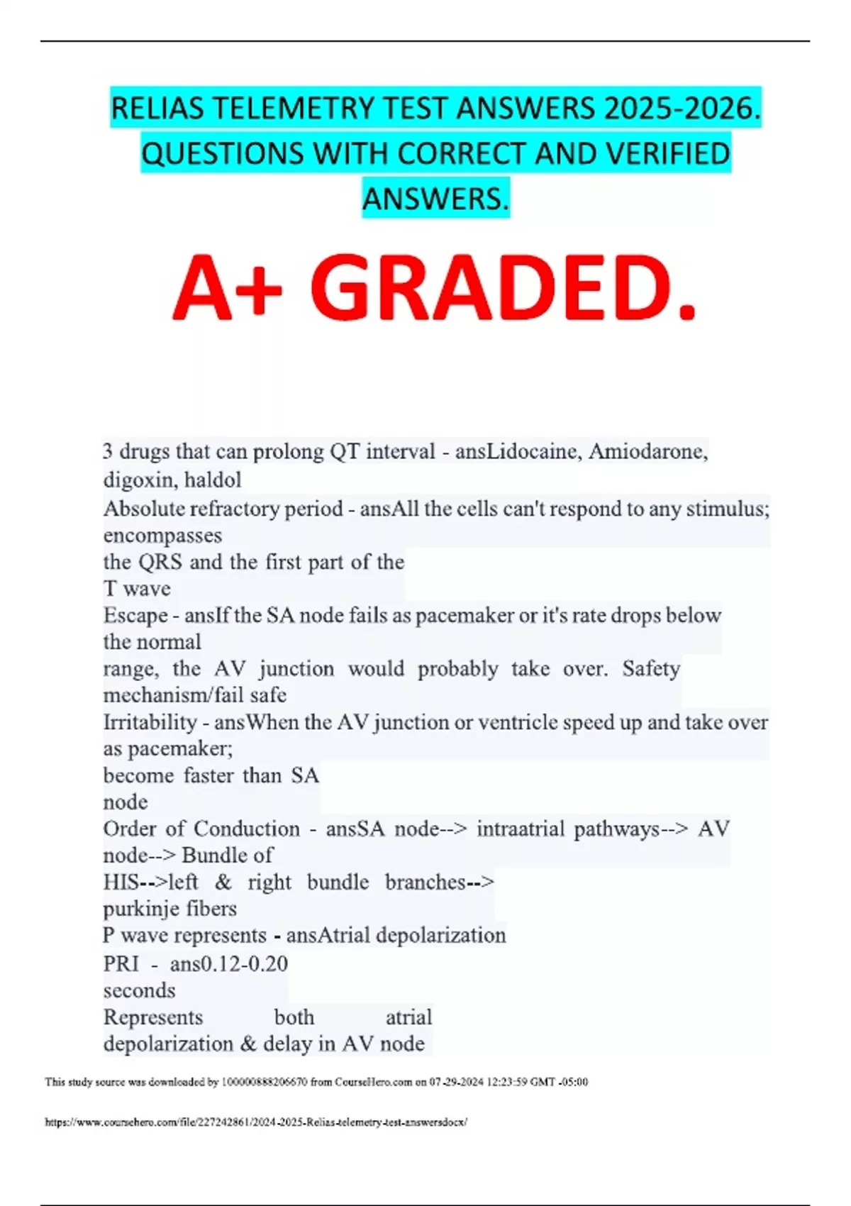 RELIAS TELEMETRY TEST ANSWERS . QUESTIONS WITH CORRECT AND VERIFIED ...
