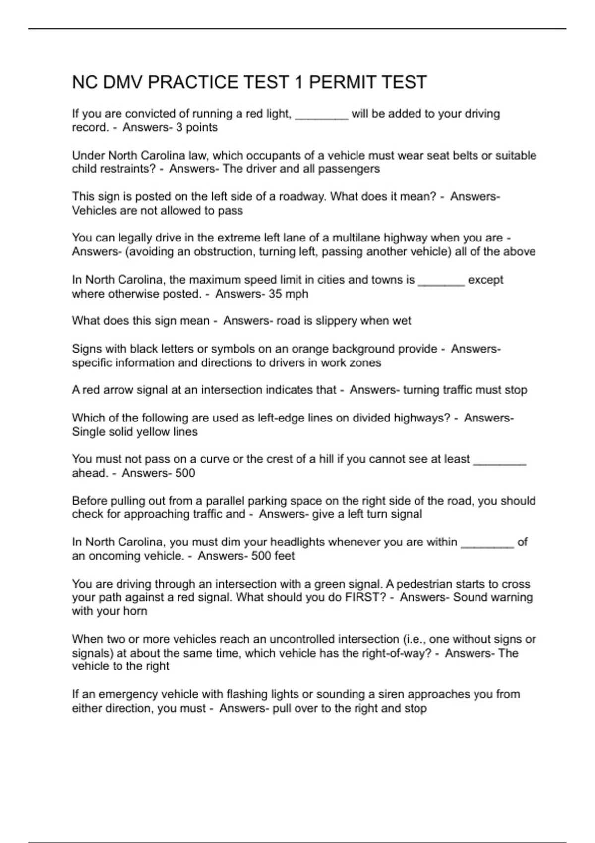 NC DMV PRACTICE TEST 1 PERMIT TEST - NORTH CAROLINA PERMIT - Stuvia US