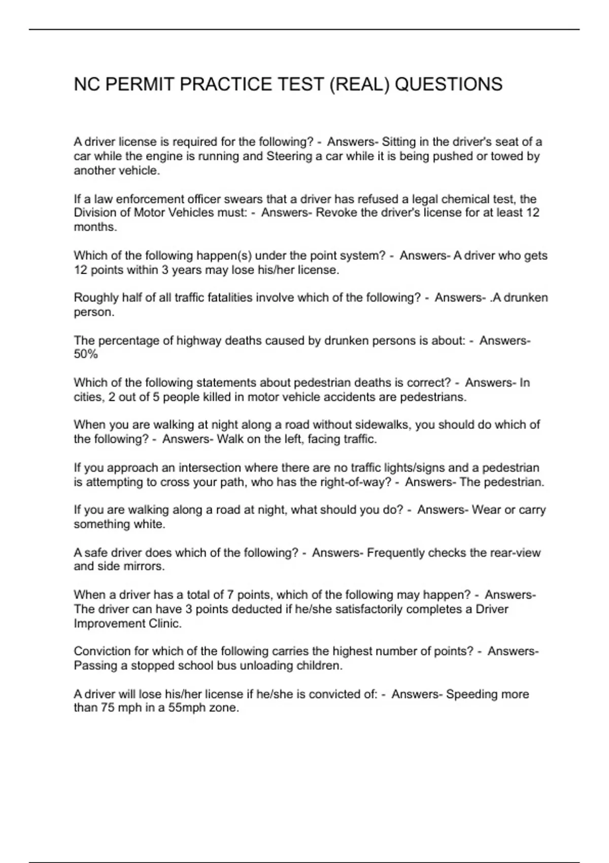 NC PERMIT PRACTICE TEST (REAL) QUESTIONS - NORTH CAROLINA PERMIT ...