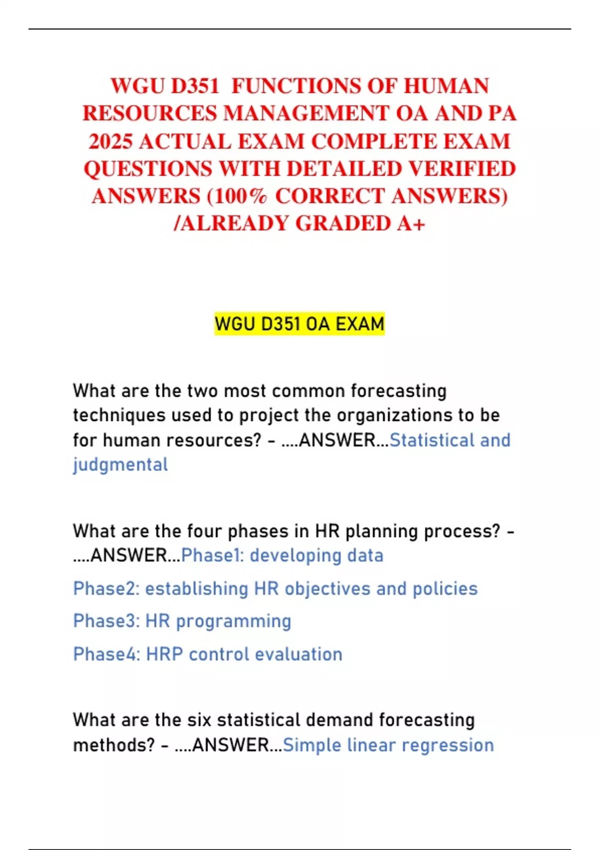 WGU D351 FUNCTIONS OF HUMAN RESOURCES MANAGEMENT OA AND PA 2025 ACTUAL ...