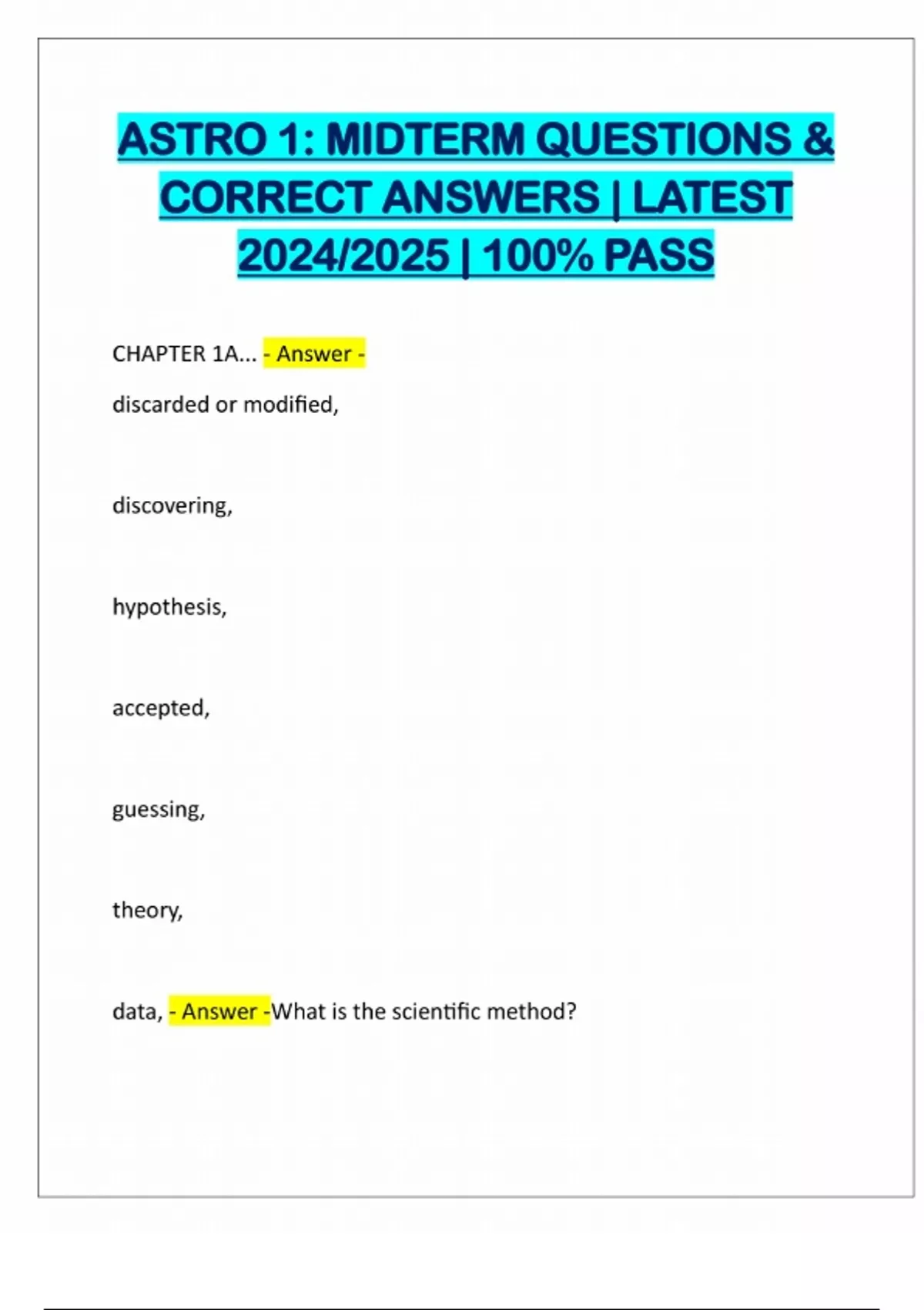 ASTRO 1: MIDTERM QUESTIONS & CORRECT ANSWERS | LATEST 2024/2025 | 100% ...