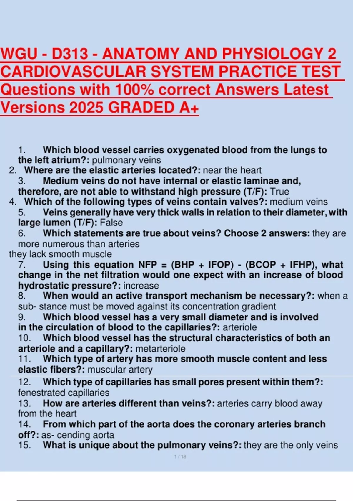 WGU - D313 - ANATOMY AND PHYSIOLOGY 2 CARDIOVASCULAR SYSTEM PRACTICE ...