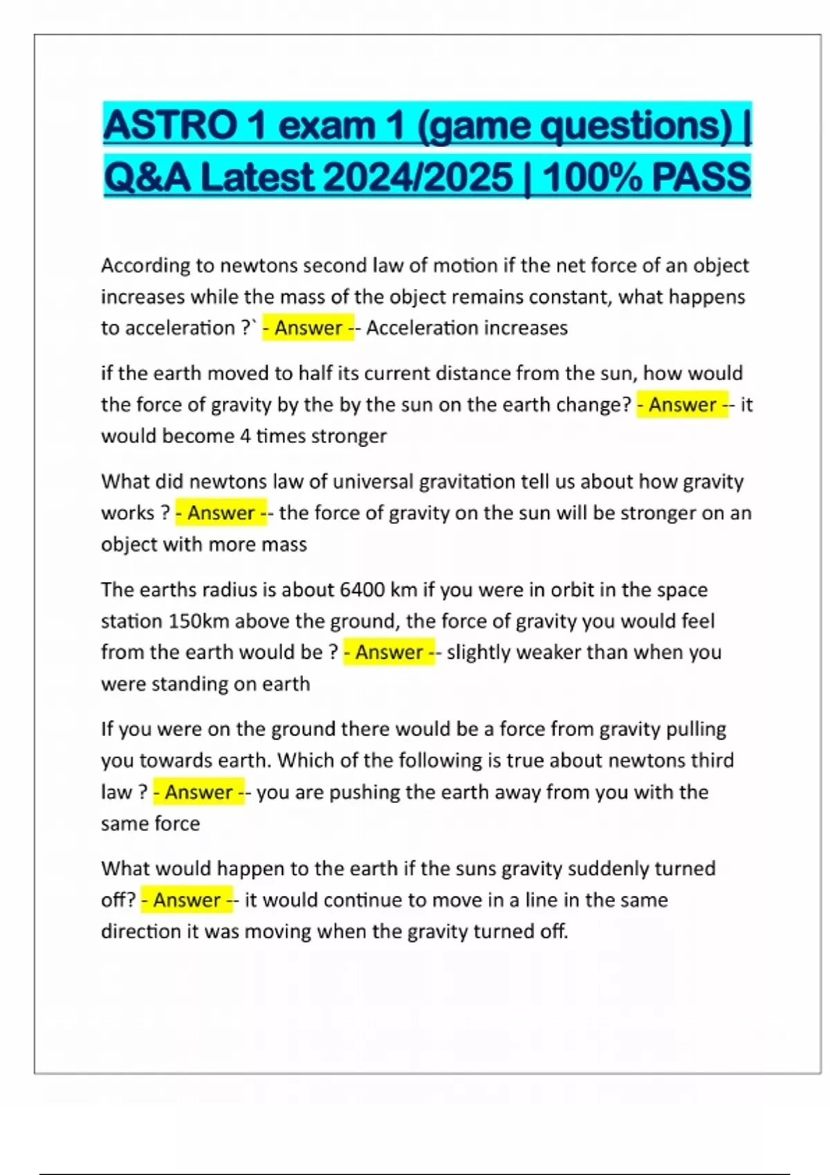 ASTRO 1 exam 1 (game questions) | Q&A Latest 2024/2025 | 100% PASS ...